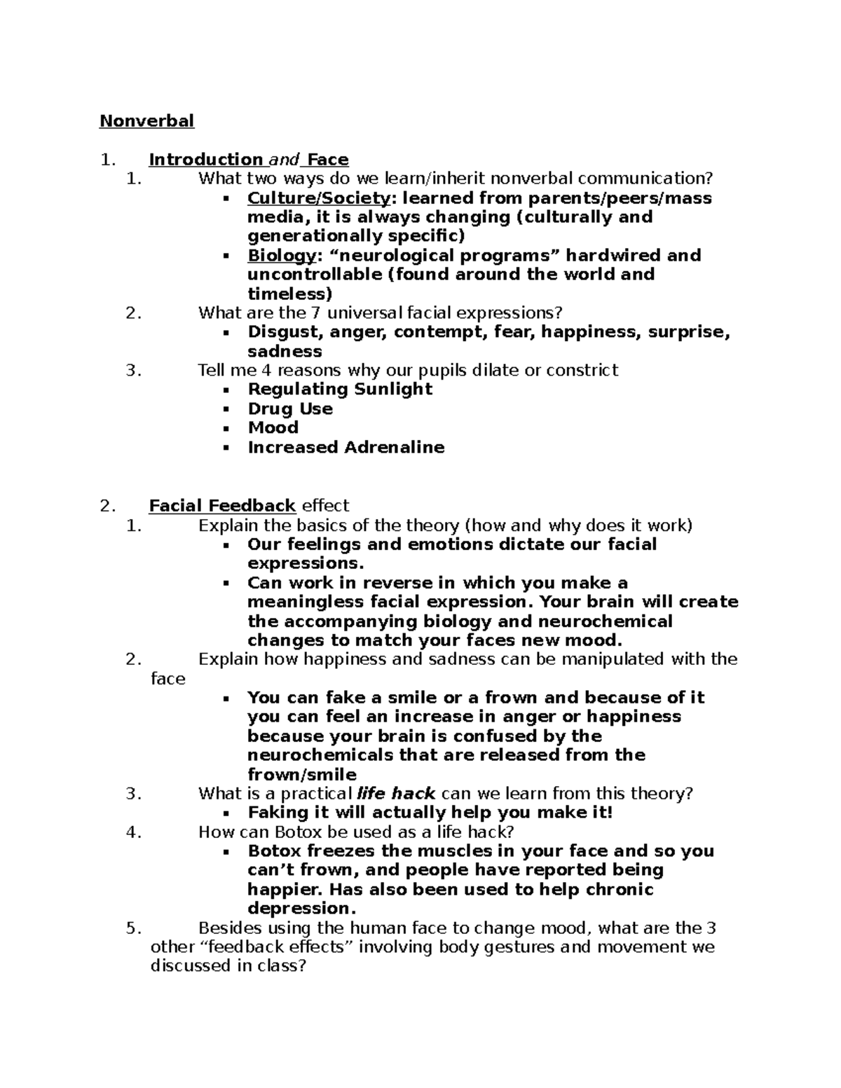 Study guide for exam 2 - Nonverbal 1. Introduction and Face What two ...