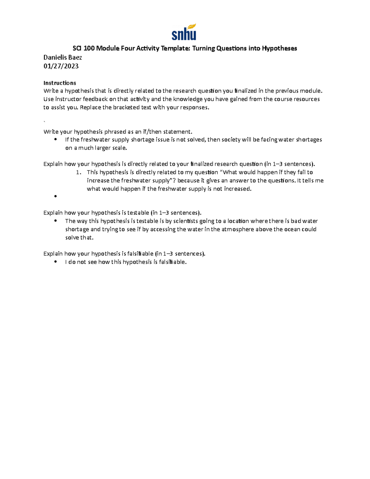 SCI 100 Module Four Activity - Use instructor feedback on that activity ...