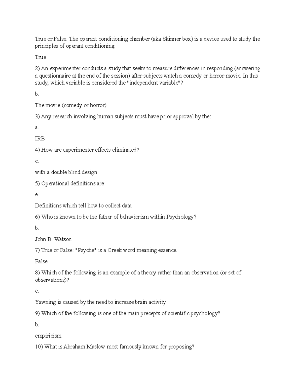 Self-Quiz Unit 1 Psychology - True or False: The operant conditioning ...