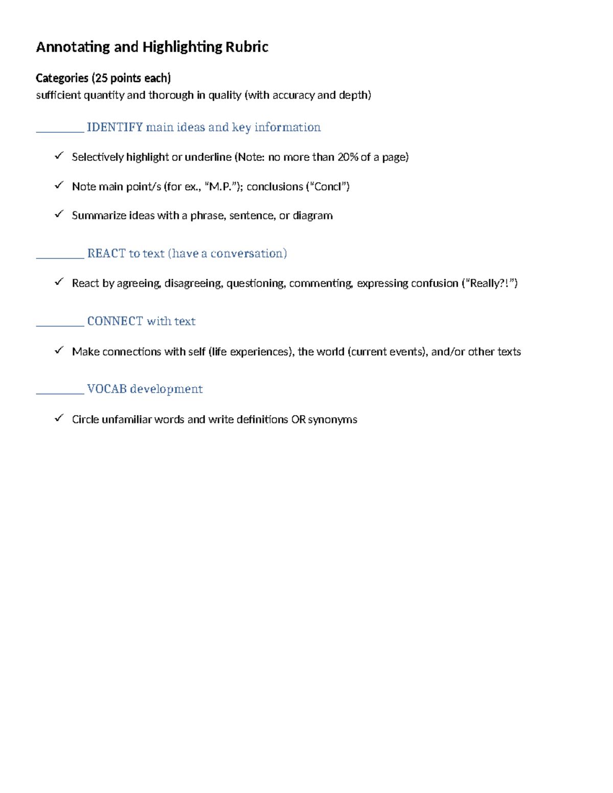 Annotation Rubric - I need help study - Annotating and Highlighting ...