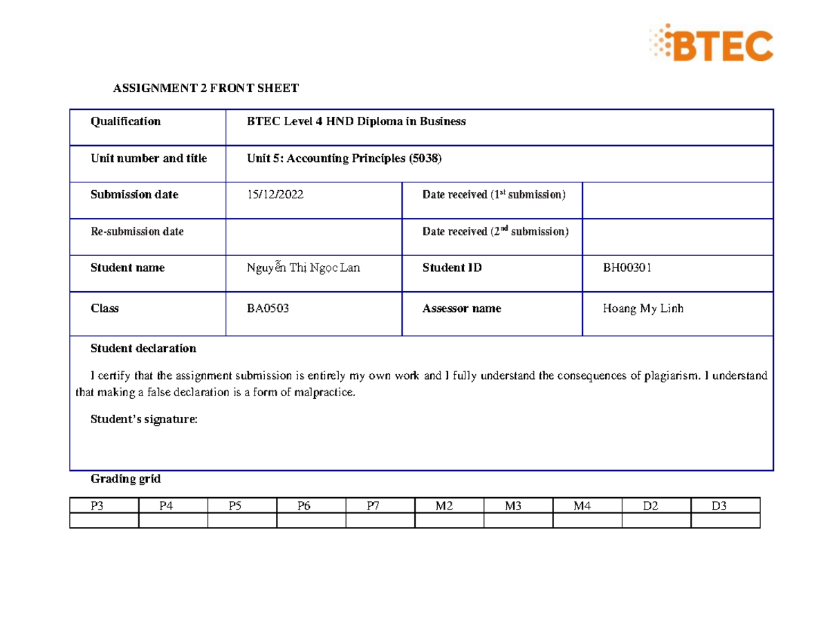 ASM-2-acccccccccccc - Bài này chỉ pass thuii - ASSIGNMENT 2 FRONT SHEET Qualification BTEC Level ...