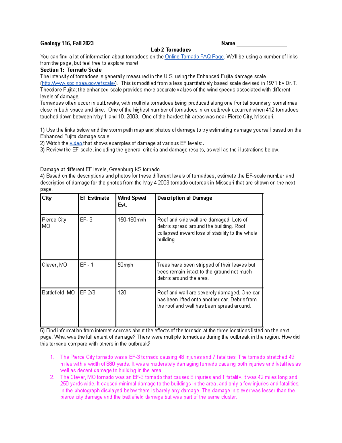 Lab 2 - LAB 2 - Geology 116, Fall 2023 Name __________________ Lab 2 ...