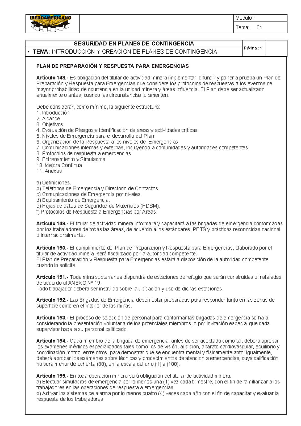 PLAN DE Preparacion Y Respuesta PARA Emergencias - Modulo : Tema: 01 ...