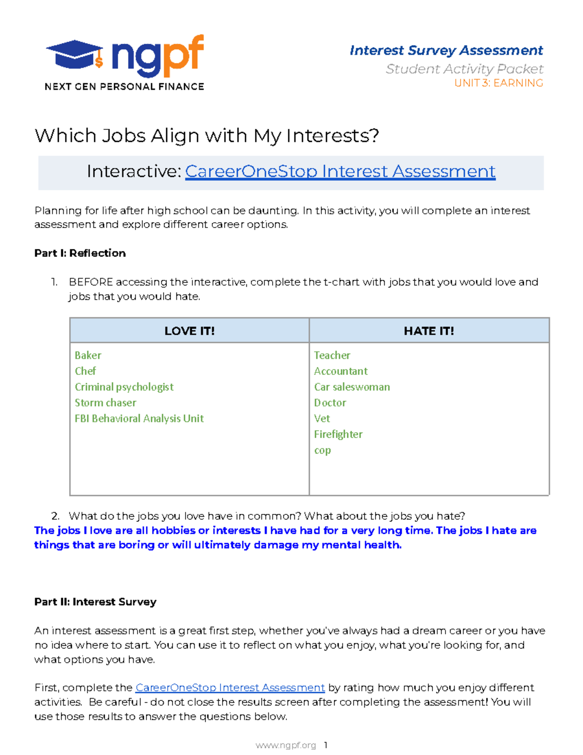 Copy of NGPF Interest Survey Assessment - Interest Survey Assessment ...