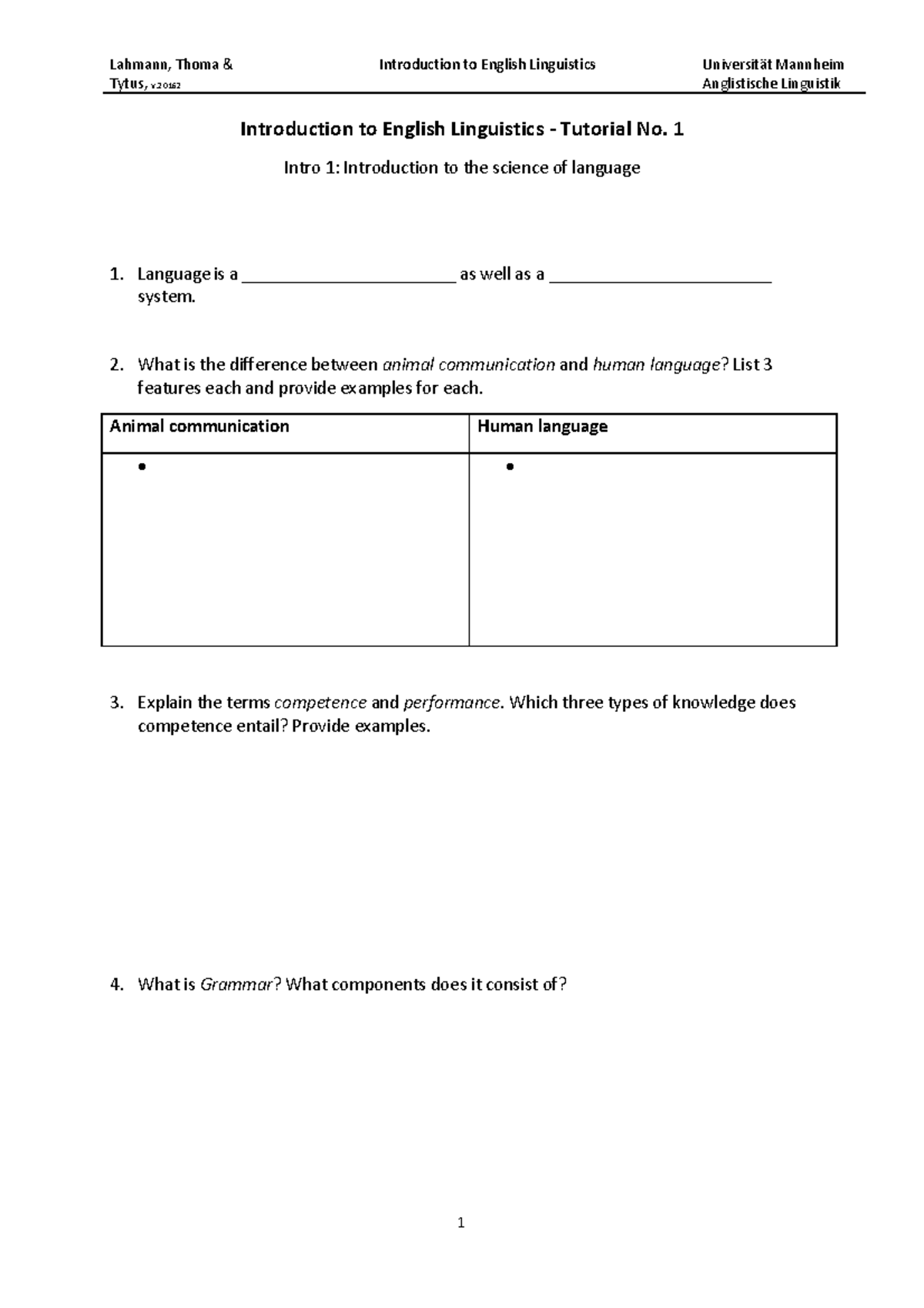 01 Tutorial 1 Worksheet Eng Intro - Lahmann, Thoma & Introduction to ...