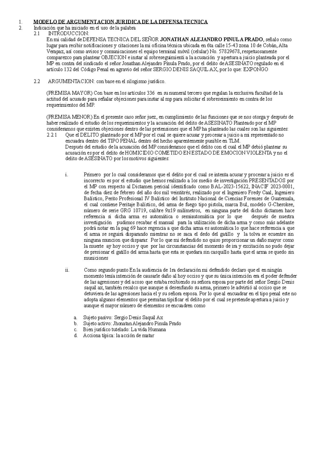 Argumento Abogado Defensor - 1. MODELO DE ARGUMENTACION JURIDICA DE LA ...