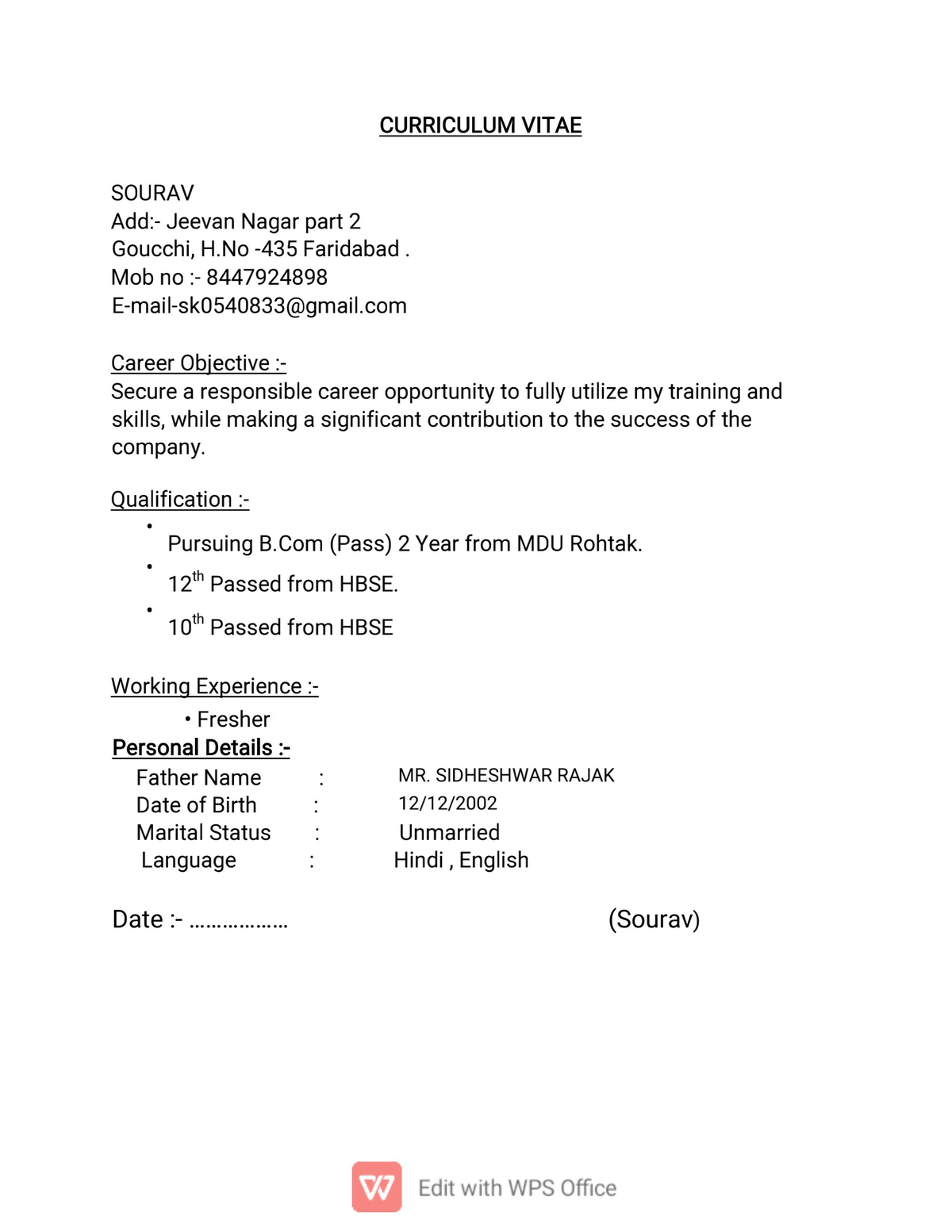 Sourav resume - QUALIFICATIONS - B.com programme - Studocu