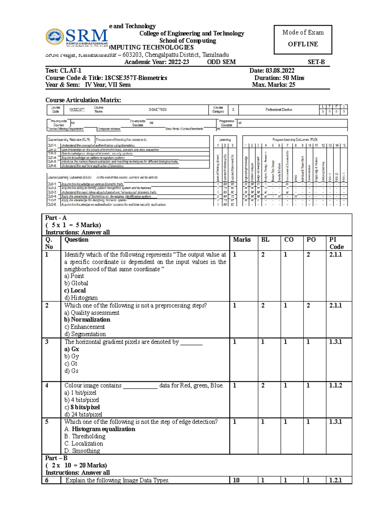 Ct 1 Qp Set B Answer Key Srm Institute Of Science And Technology College Of Engineering And