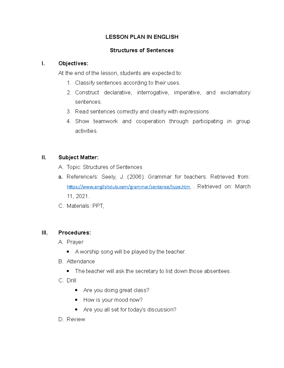 Lesson Plan For Writing Skills LESSON PLAN IN ENGLISH Structures Of lesson-plan-for-writing-skills-lesson-plan-in-english-structures-of