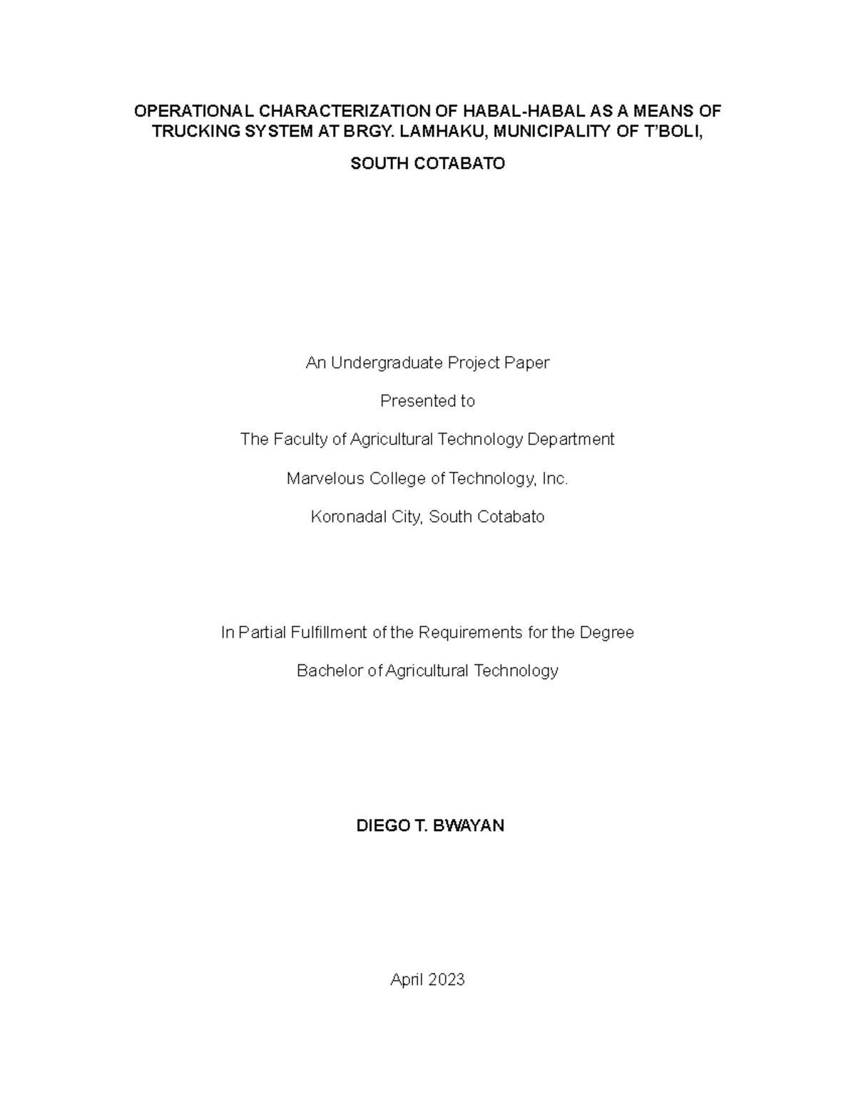Bwayan Final Thesis Draft - OPERATIONAL CHARACTERIZATION OF HABAL-HABAL AS A MEANS OF TRUCKING ...