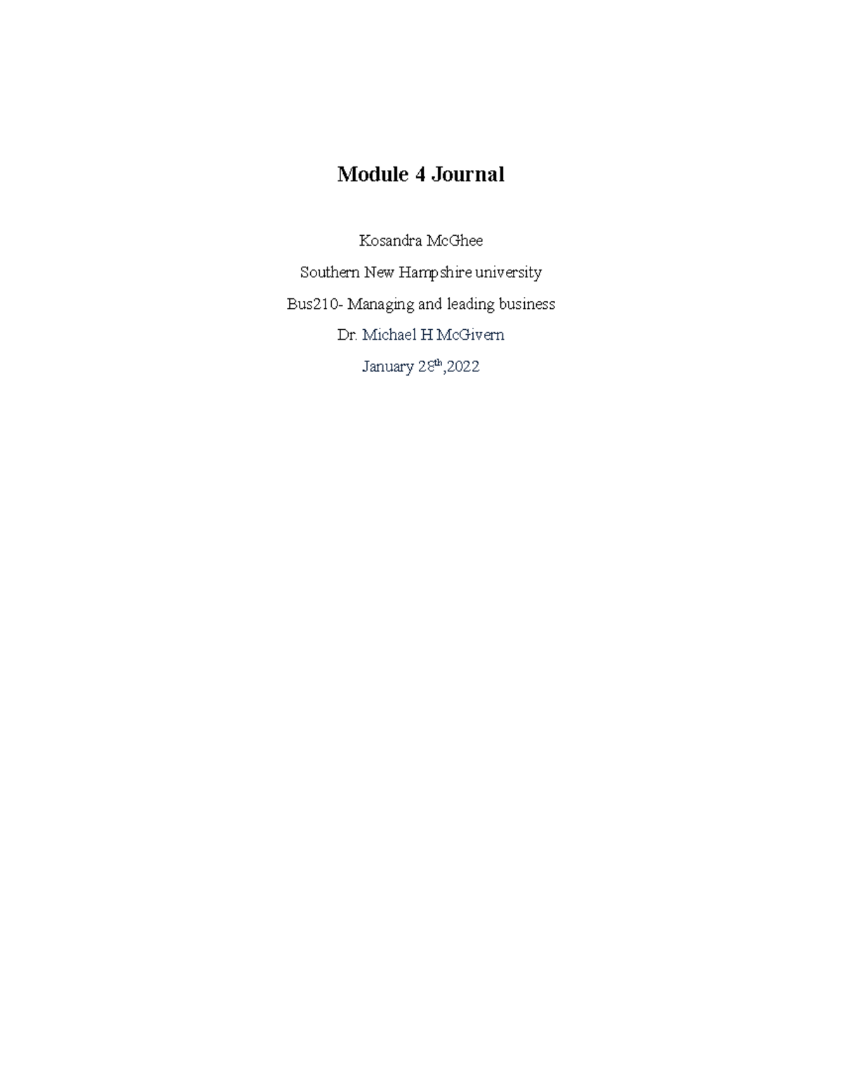 Bus210- Journal 4 module 4 - Module 4 Journal Kosandra McGhee Southern ...