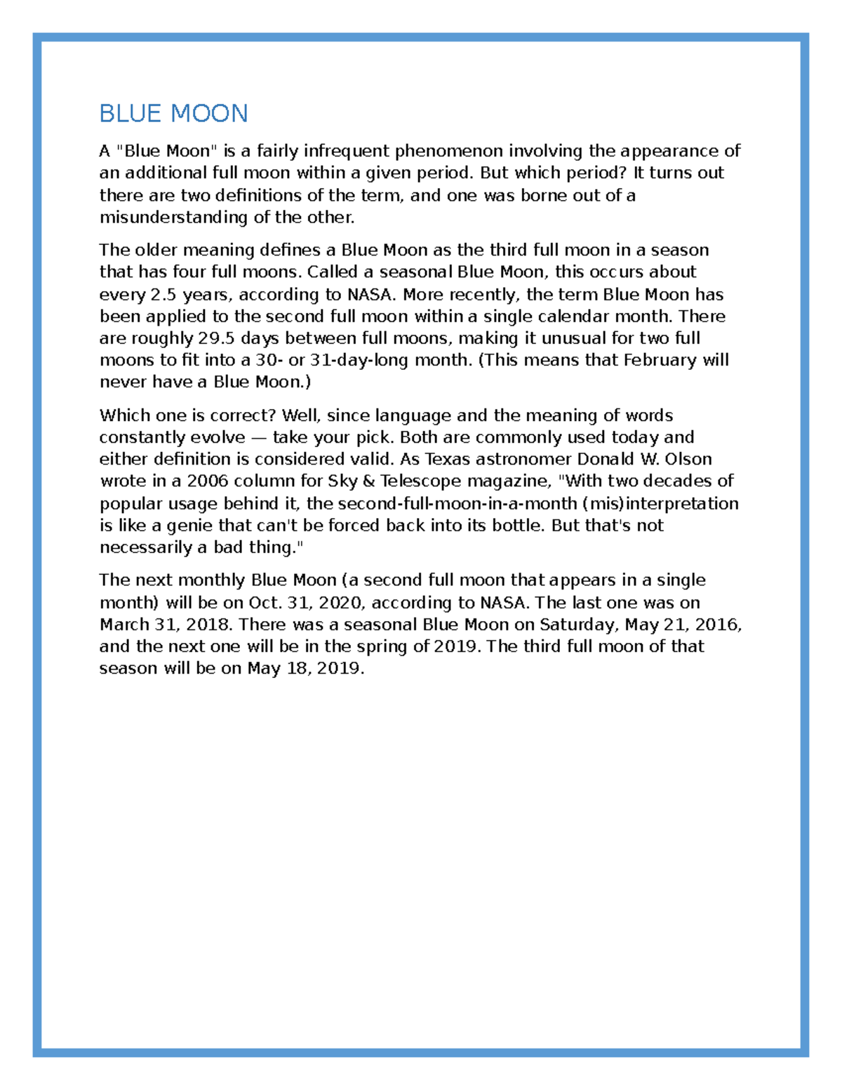 Bluemoon - Apuntes 1-5 - BLUE MOON A "Blue Moon" is a fairly infrequent ...