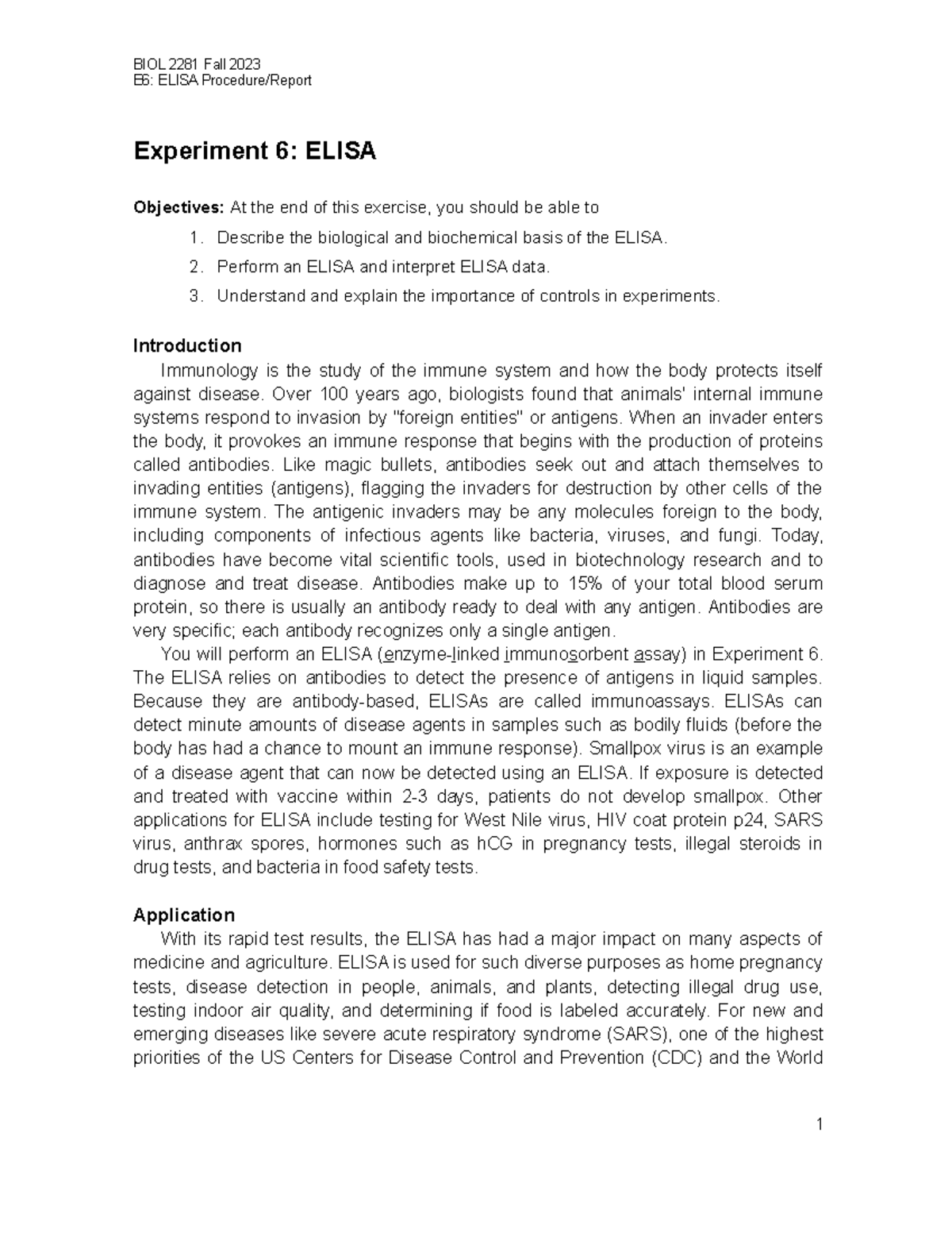 E6- Elisa Procedure and Report - Fall 2023 - E6: ELISA Procedure/Report ...