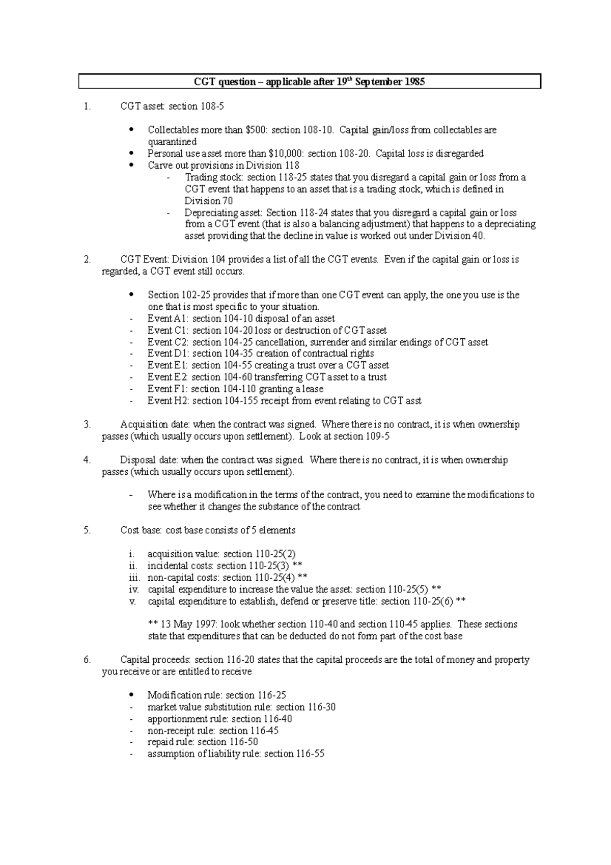 CGT summary - CGT question applicable after 19th September asset ...