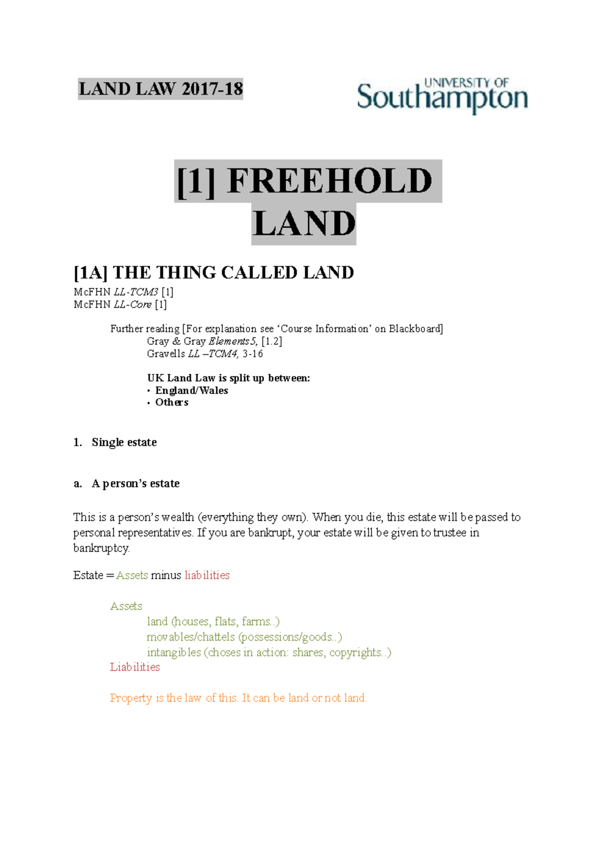 LL 17-18 ho Freehold LAND - LAND LAW 2017-18 ! [1] FREEHOLD LAND [1A ...