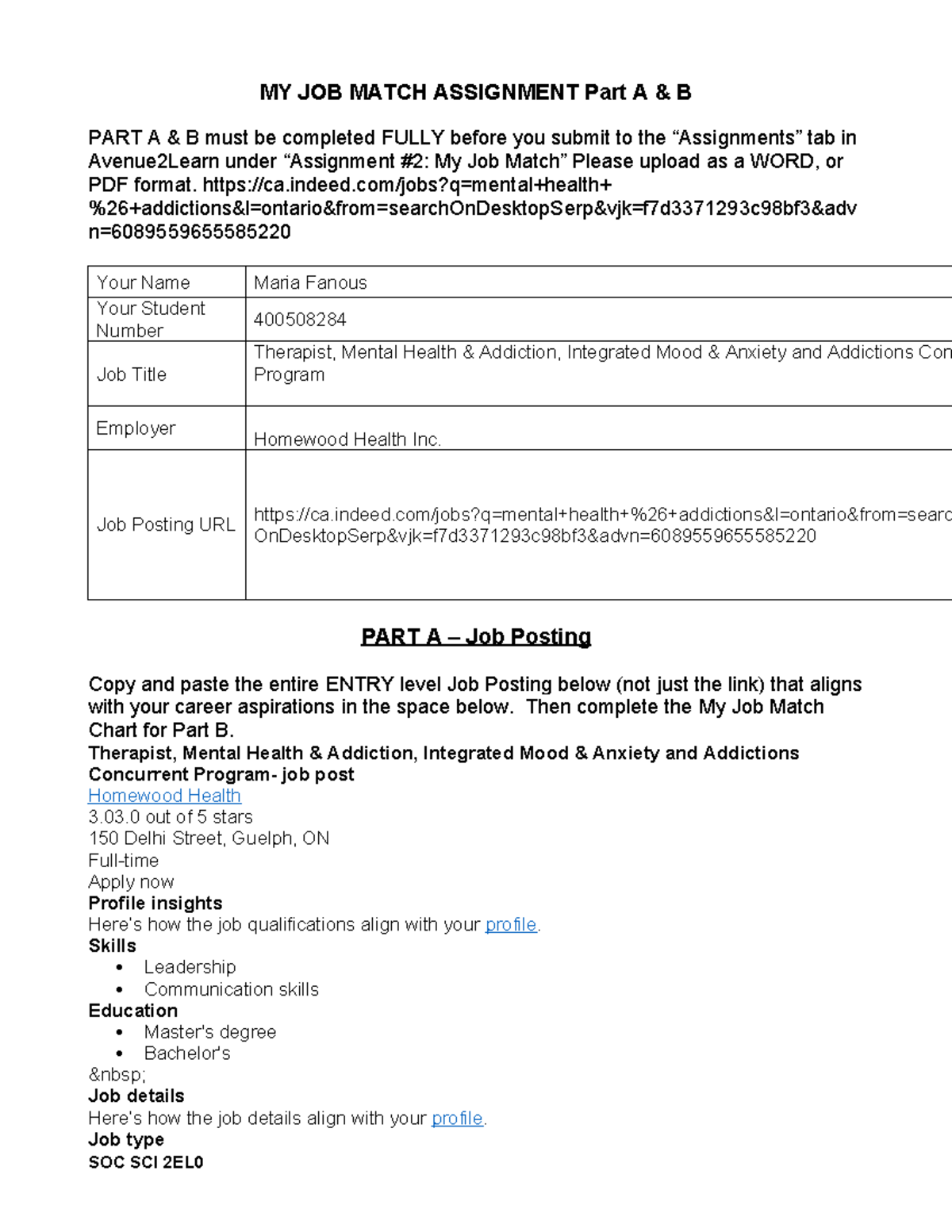 My Job Match Assignment - Assignment #2 Spring 2023 - MY JOB MATCH ...