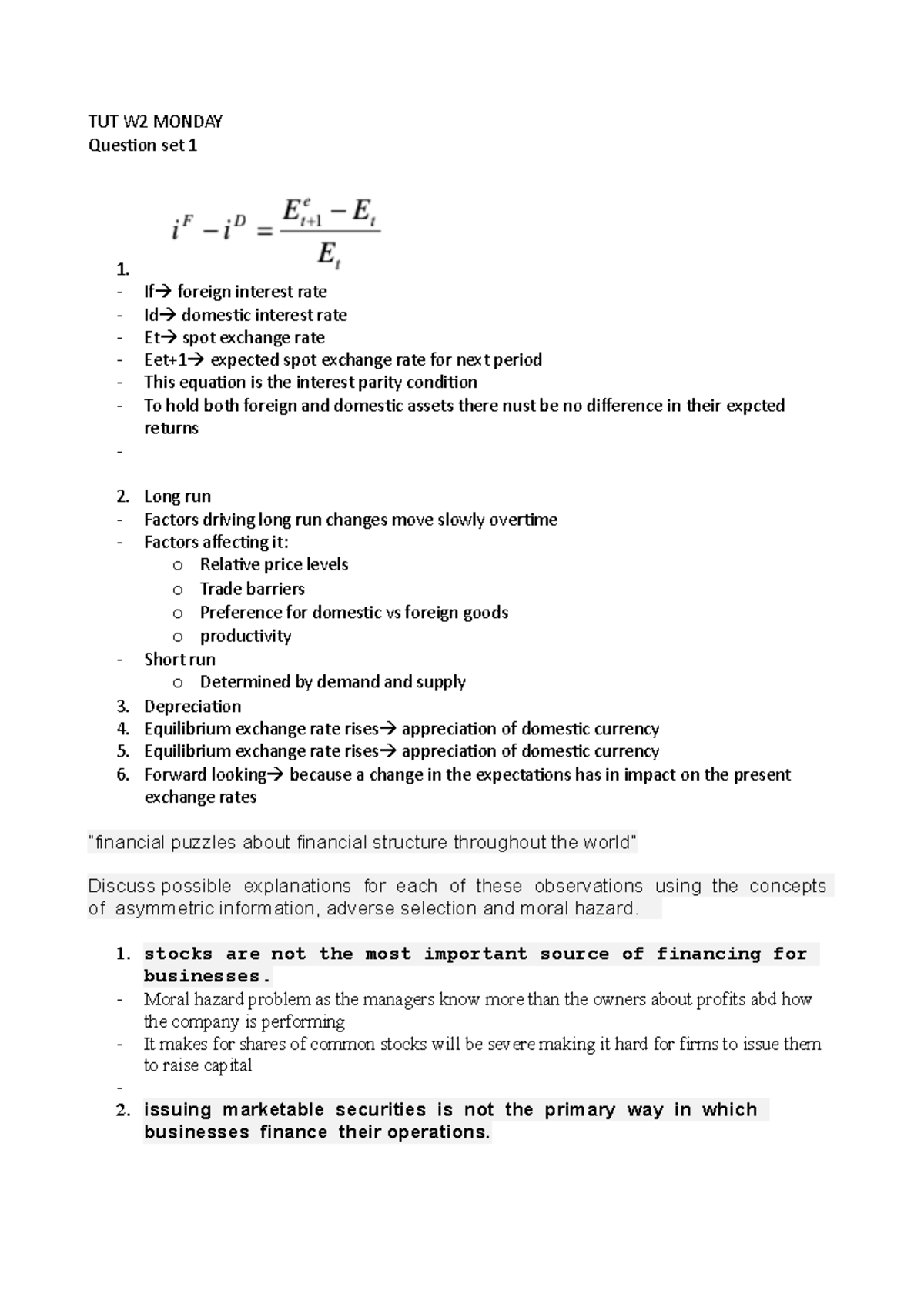Tutorial Week2 in class notes - TUT W2 MONDAY Question set 1 If foreign ...