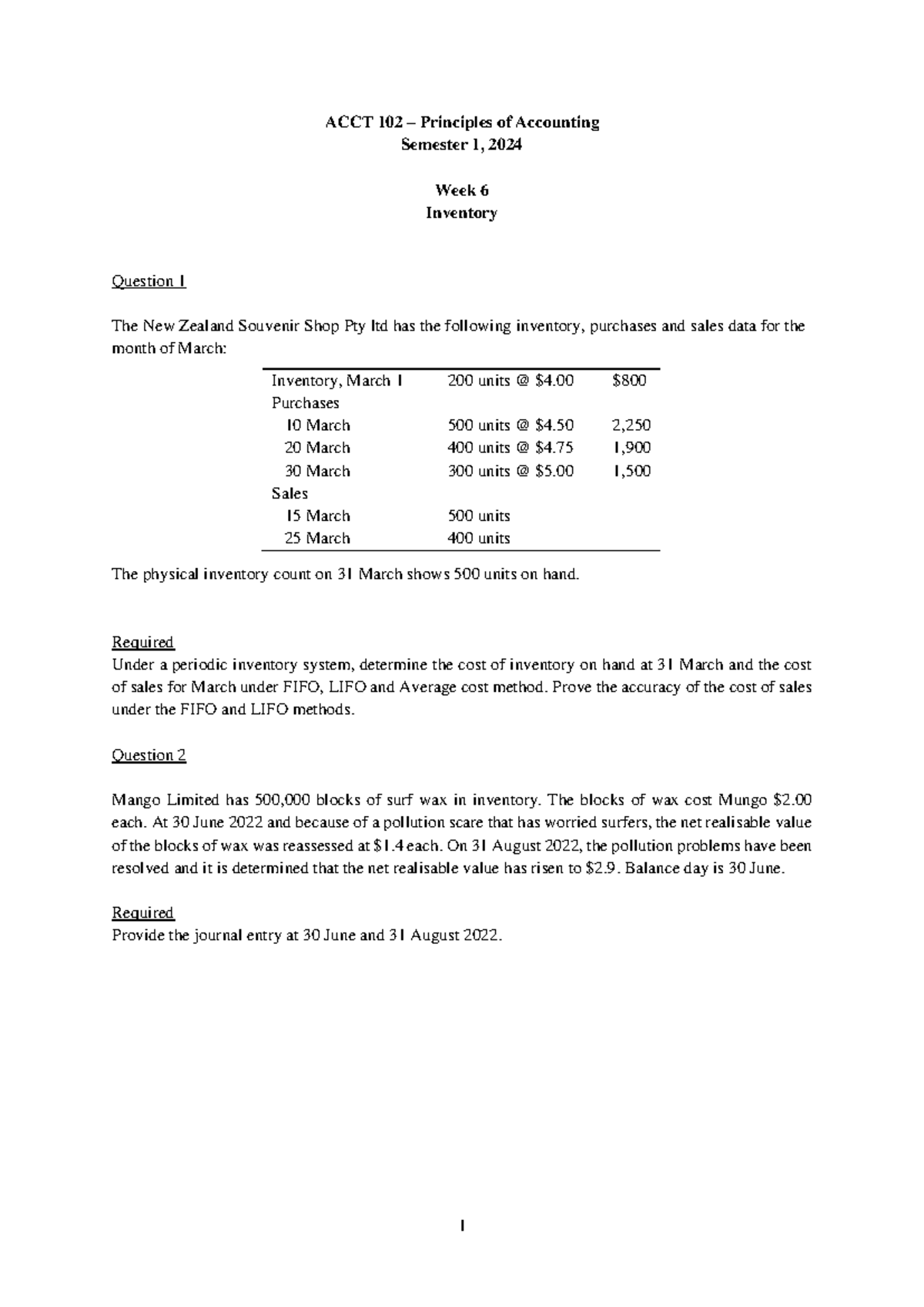 ACCT 102 Week 6 - Inventory - questions - 1 ACCT 102 – Principles of ...