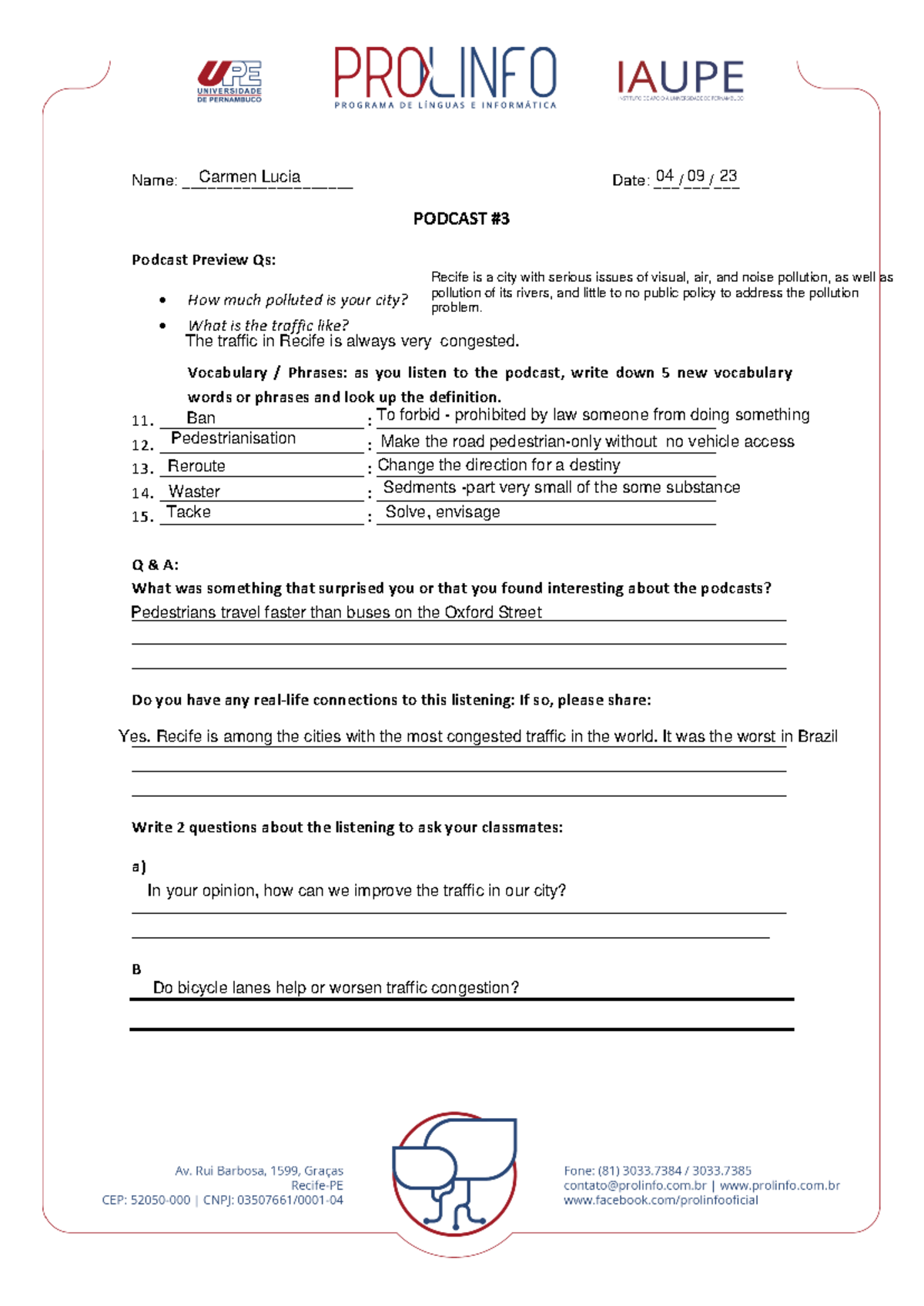 Podcast 3 - pratica - Name: ____________________ Date: //___ PODCAST ...