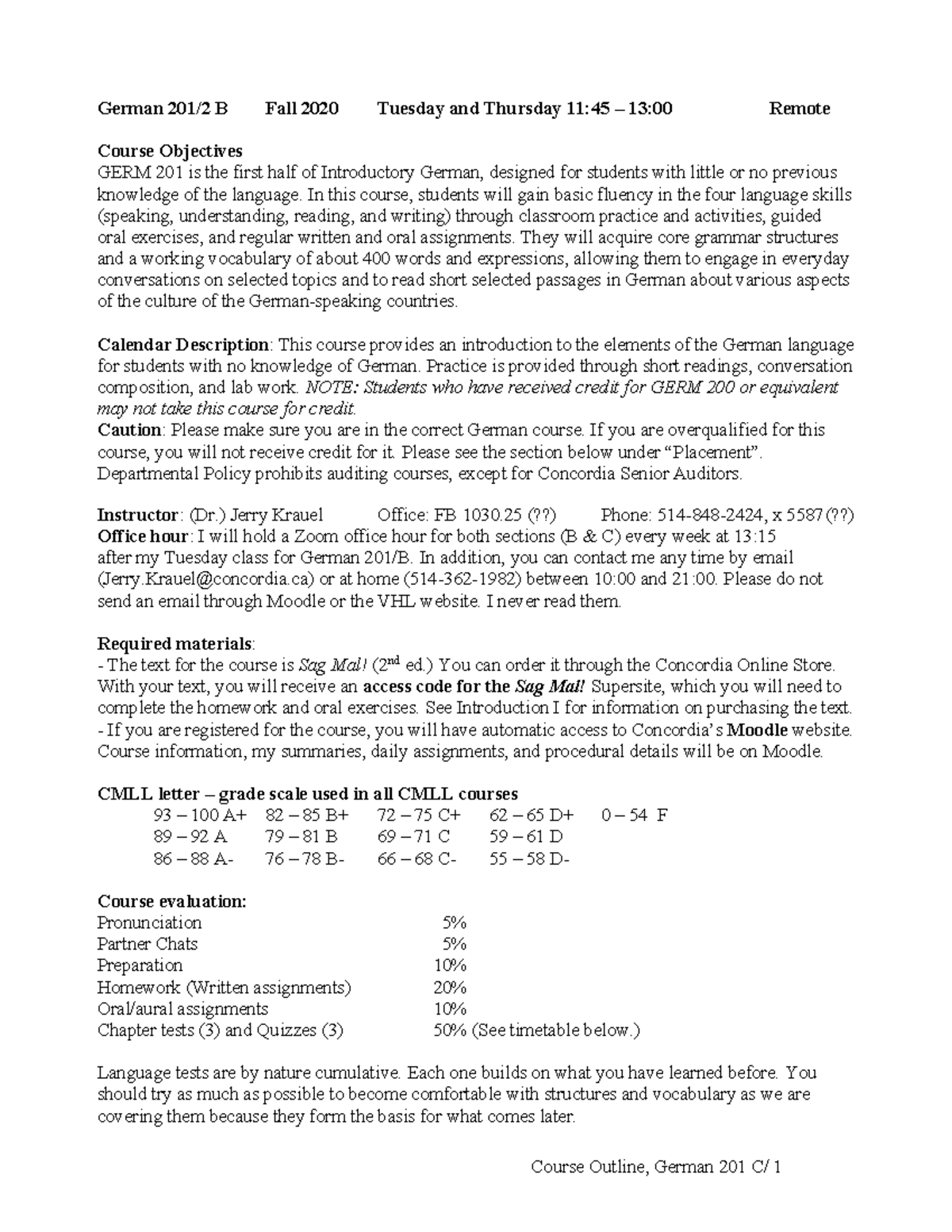 Germ 201 -syllabus - Course Outline for the semester for germ201 ...