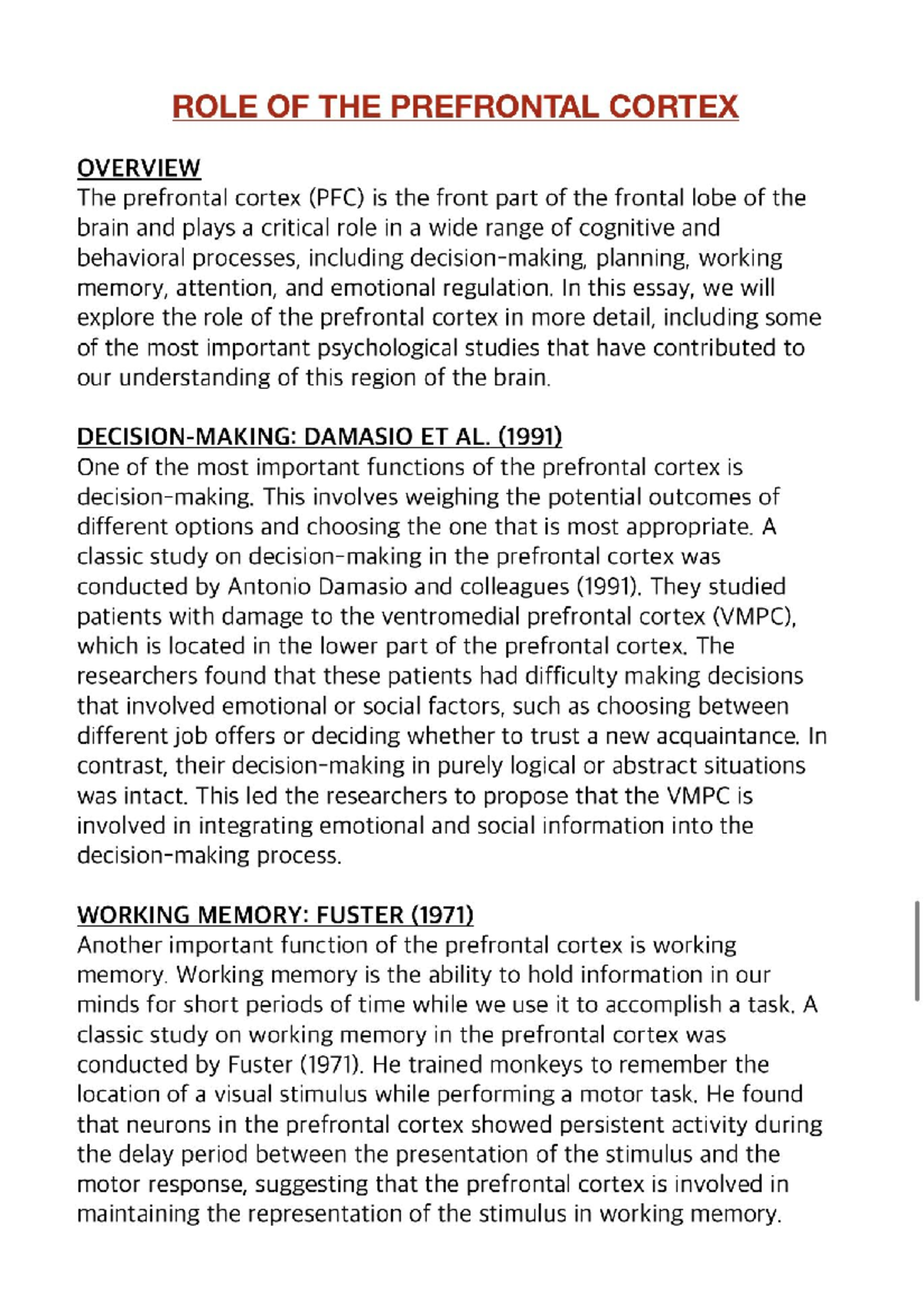 Summary: Role of the Prefrontal Cortex - 8639 - Studocu