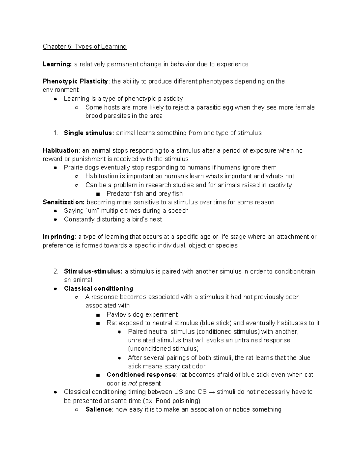 Chapter 5 (Ecology) - Chapter 5: Types of Learning Learning: a ...