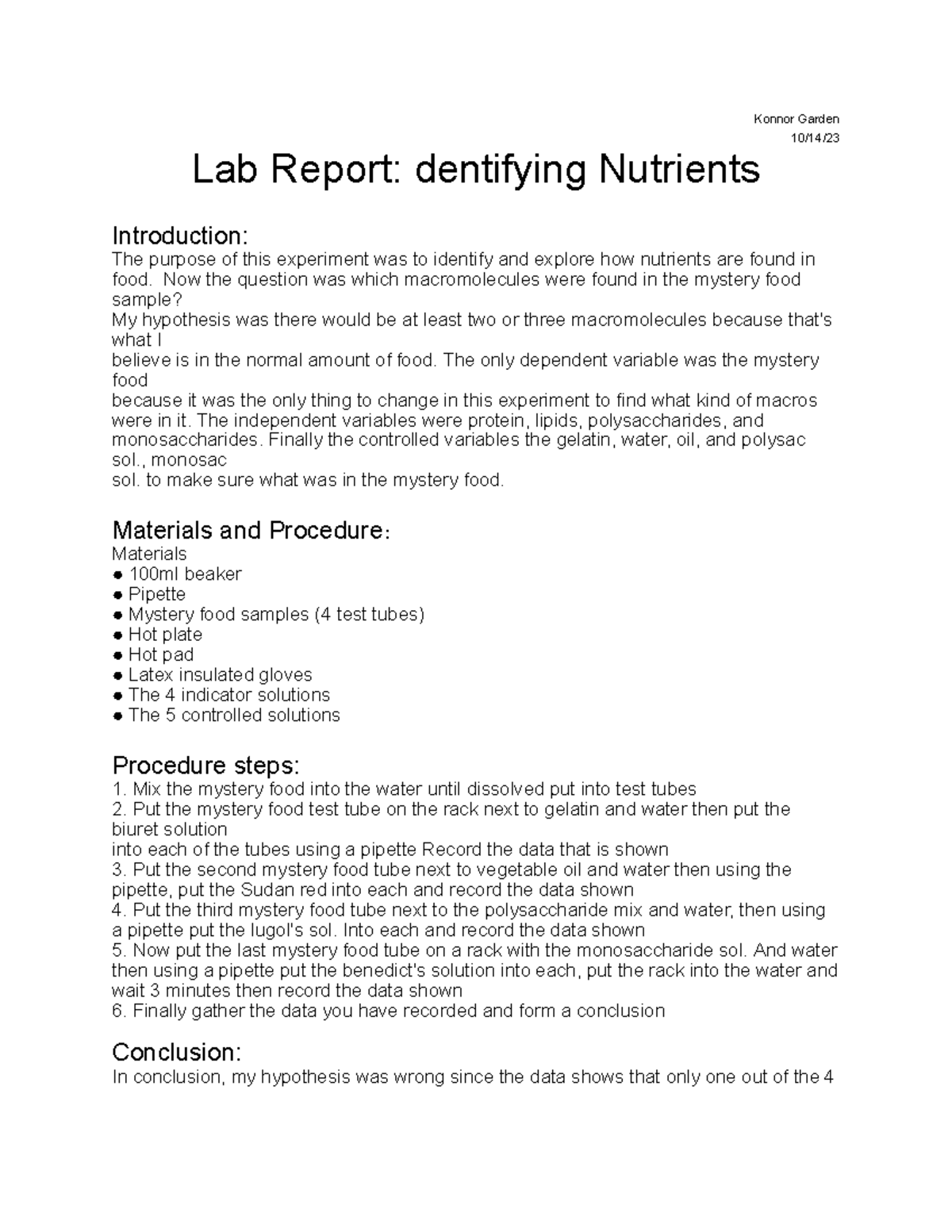 Lab Report Identifying Nutrients - Konnor Garden 10/14/ Lab Report: dentifying Nutrients - Studocu
