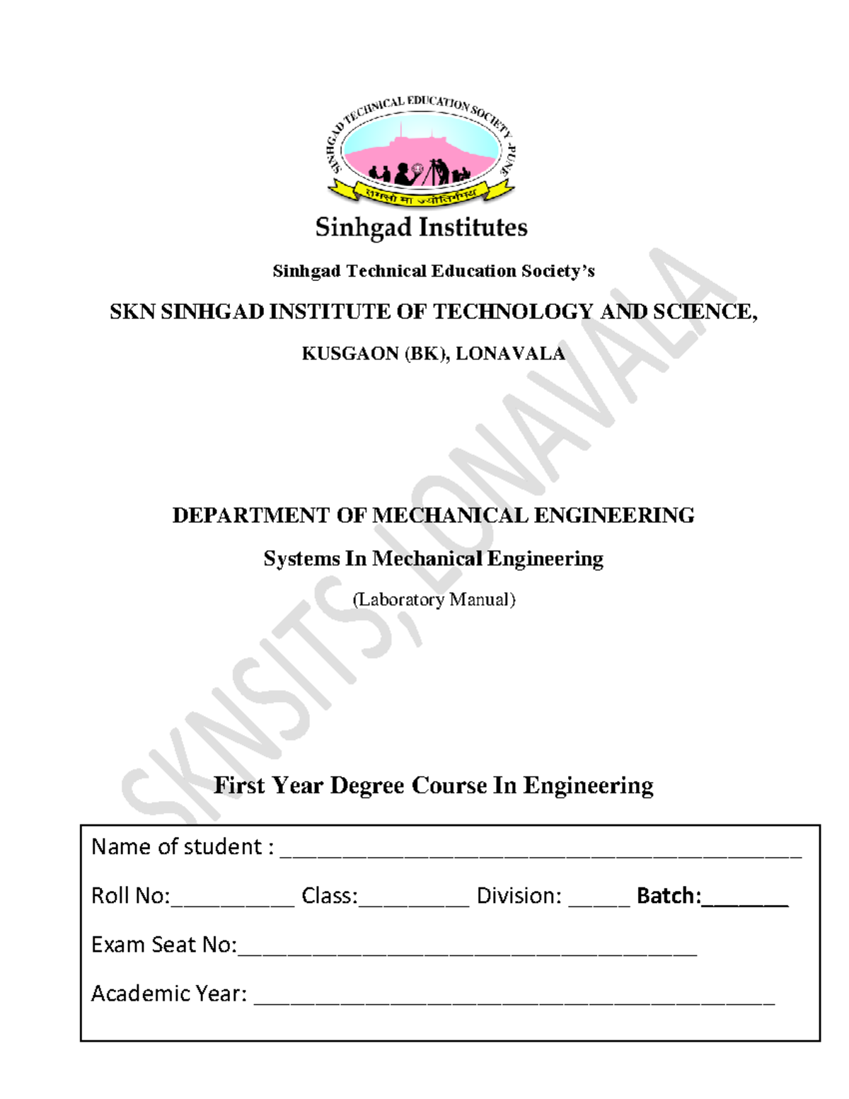 SME Lab Manual - Sinhgad Technical Education Society’s SKN SINHGAD INSTITUTE OF TECHNOLOGY AND ...