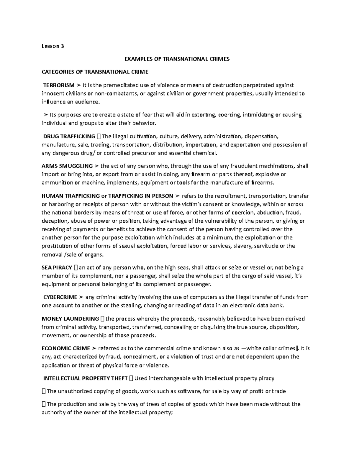 Lesson 3, Examples OF Transnational Crimes - Lesson 3 EXAMPLES OF ...