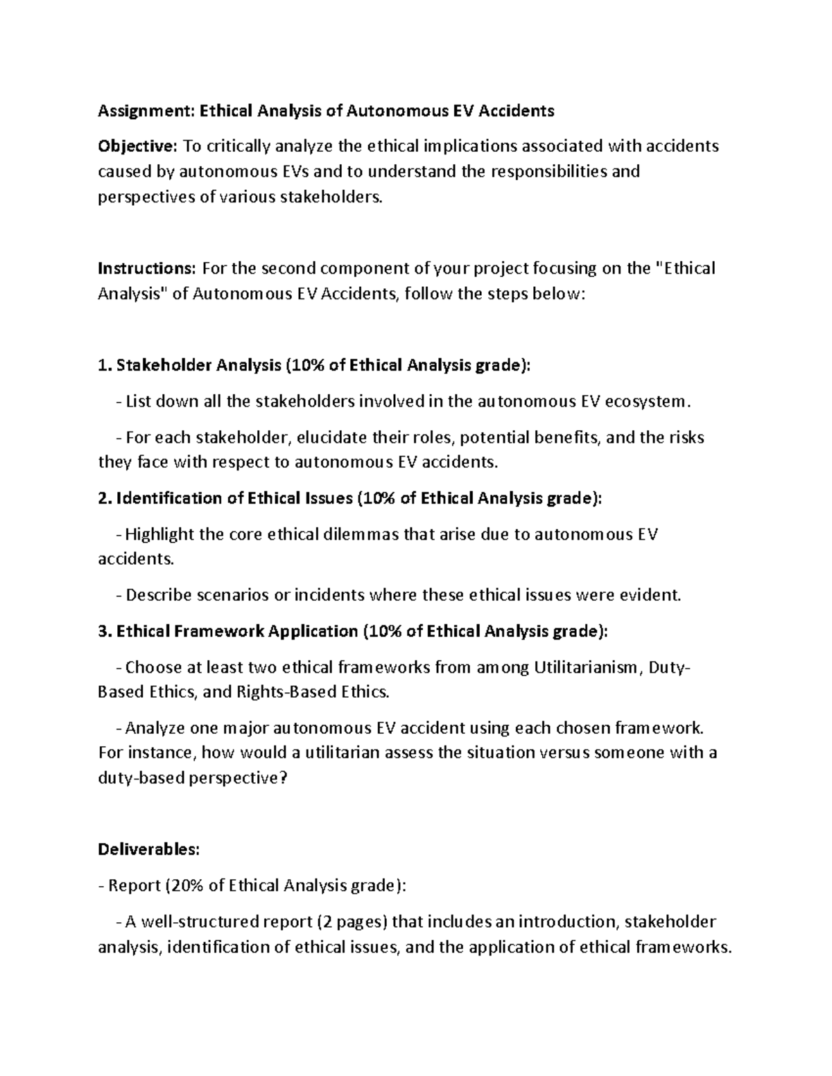 Course Project Component 2 - Assignment: Ethical Analysis of Autonomous ...