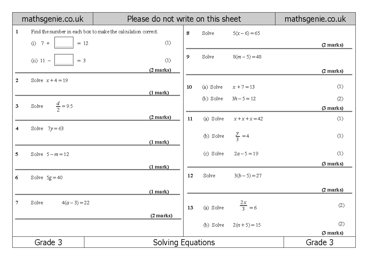 3 Solving Equations Ws Bald 2 Mathsgenie co Grade 3 Solving