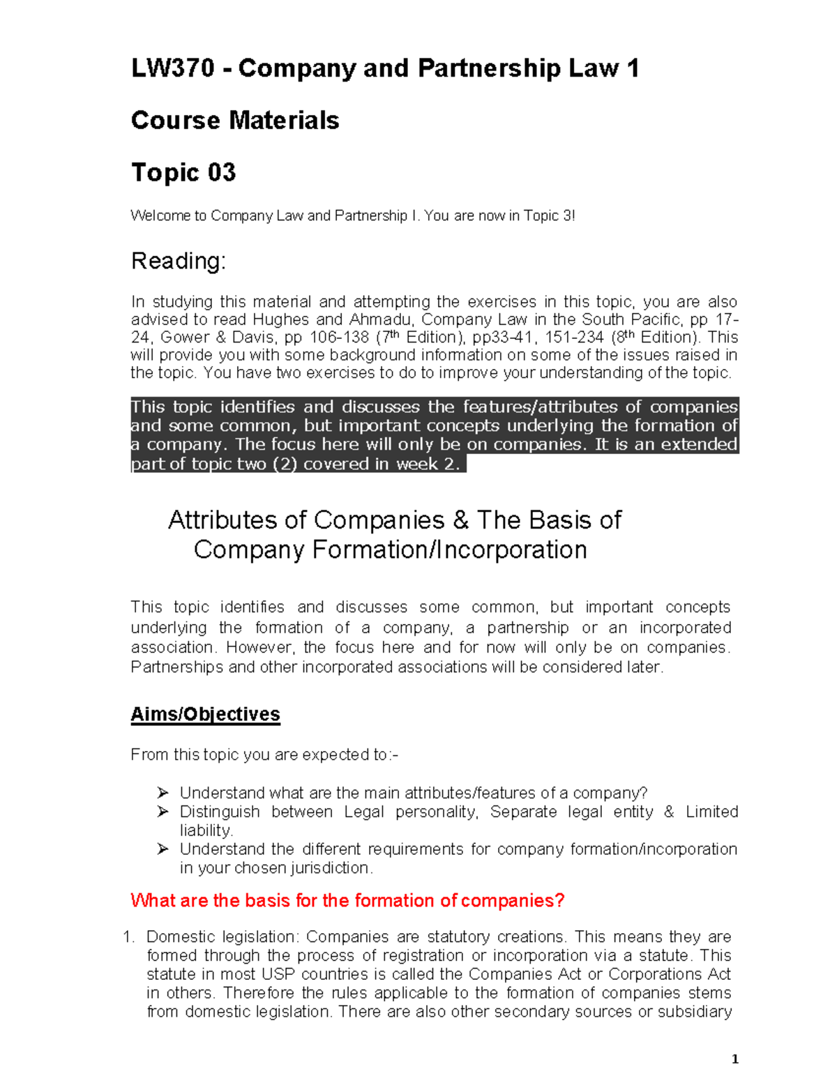 Topic 3 Class Notes - LW370 - Company and Partnership Law 1 Course ...