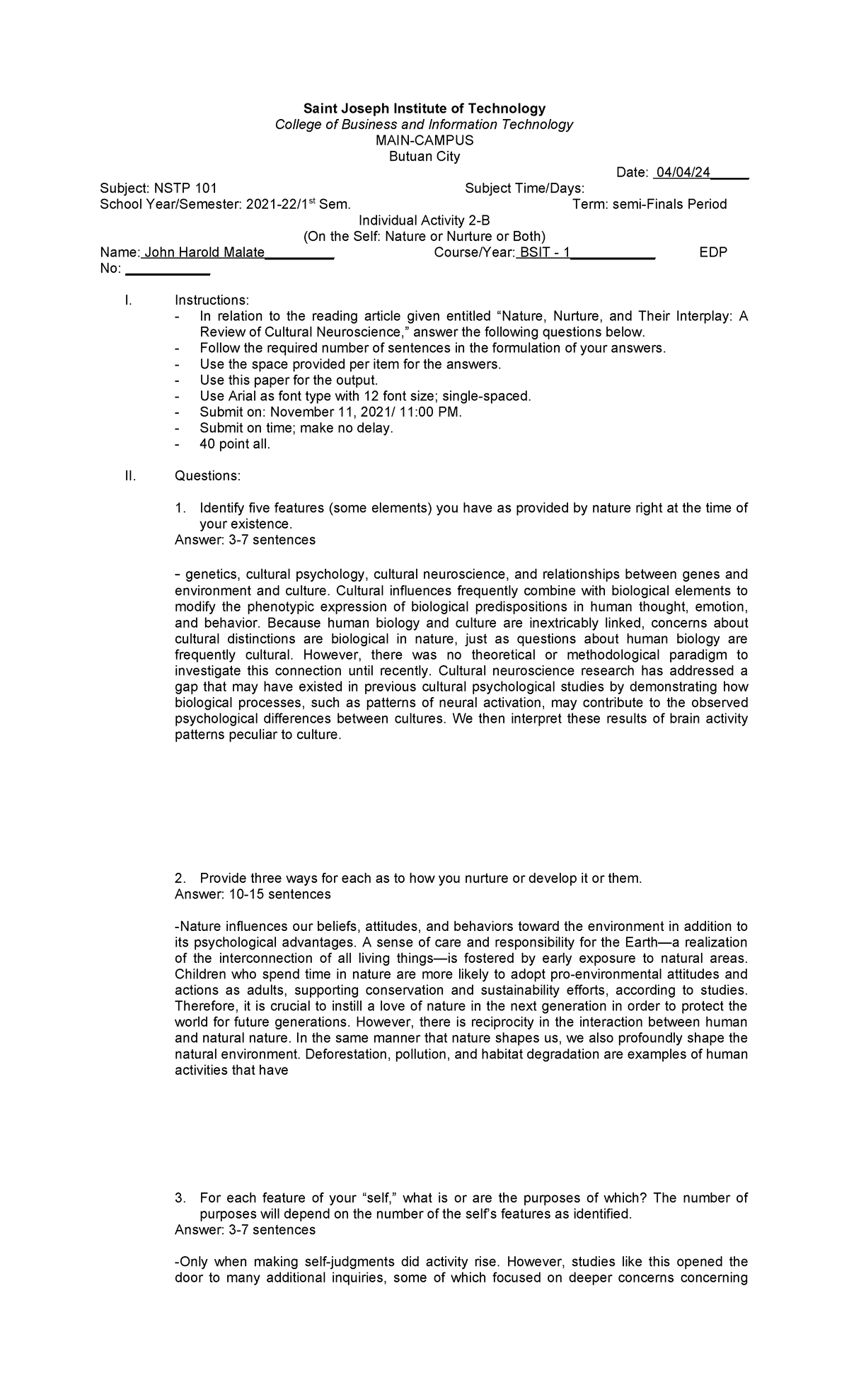 Individual activity 2 B On the Self Nature or Nurture or Both 1 - Saint ...