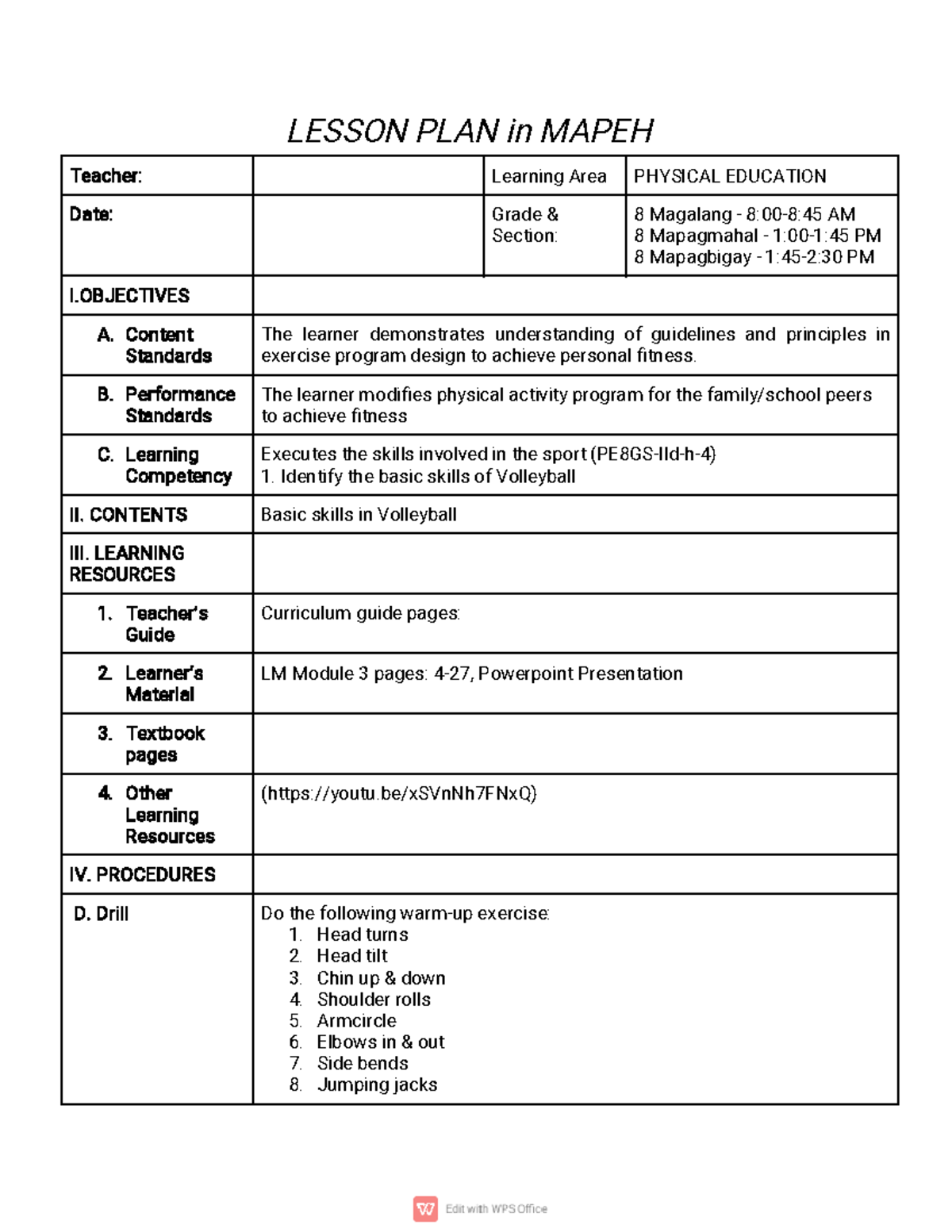 Share Lesson PLAN- Basic Skills OF Volleyball - LESSON PLAN in MAPEH ...