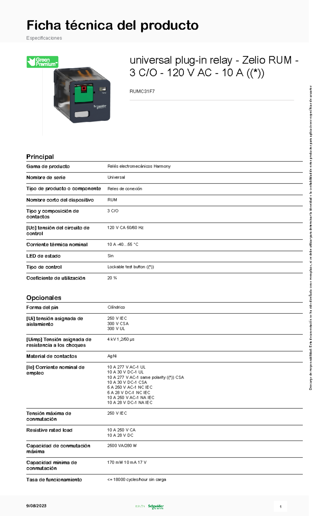 Relevadores Electromecánicos Harmony RUMC31F7 - Ficha técnica del producto Especificaciones ...