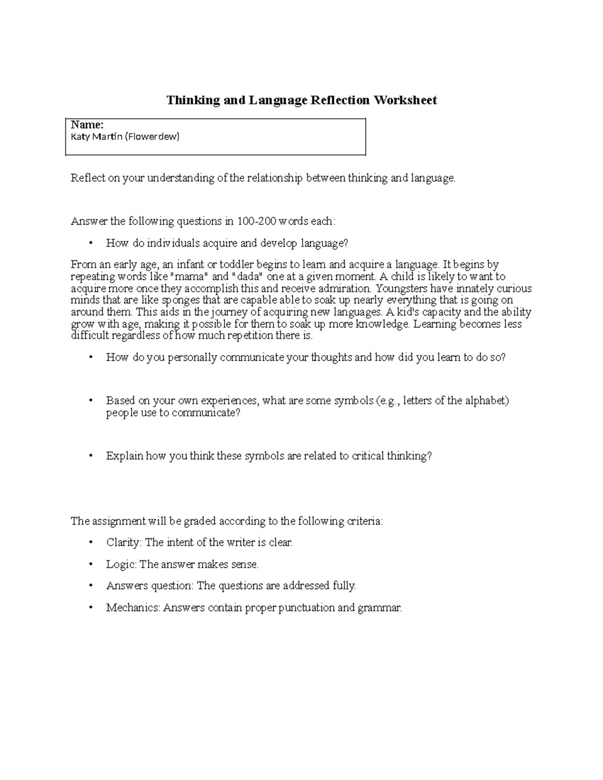 PHI105 - coursework - Thinking and Language Reflection Worksheet Name ...