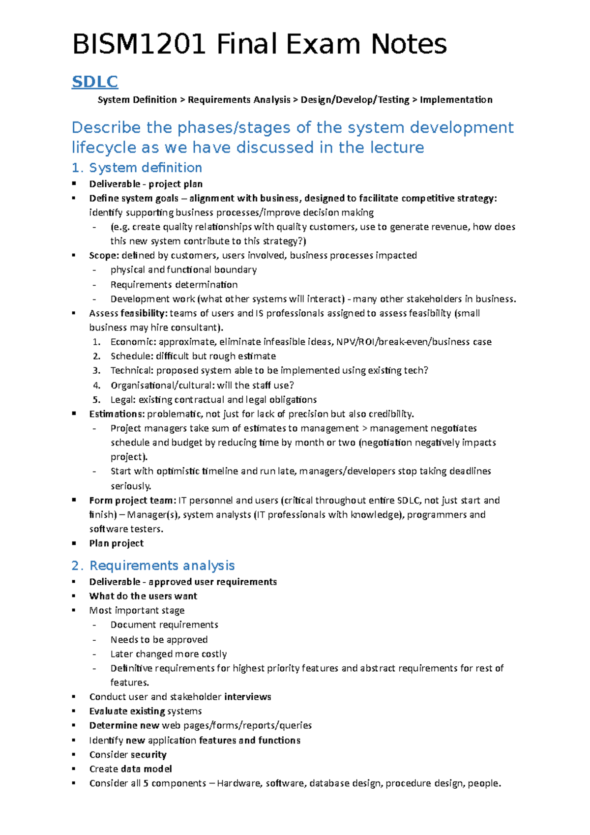 BISM Notes - BISM1201 Final Exam Notes SDLC System Definition ...