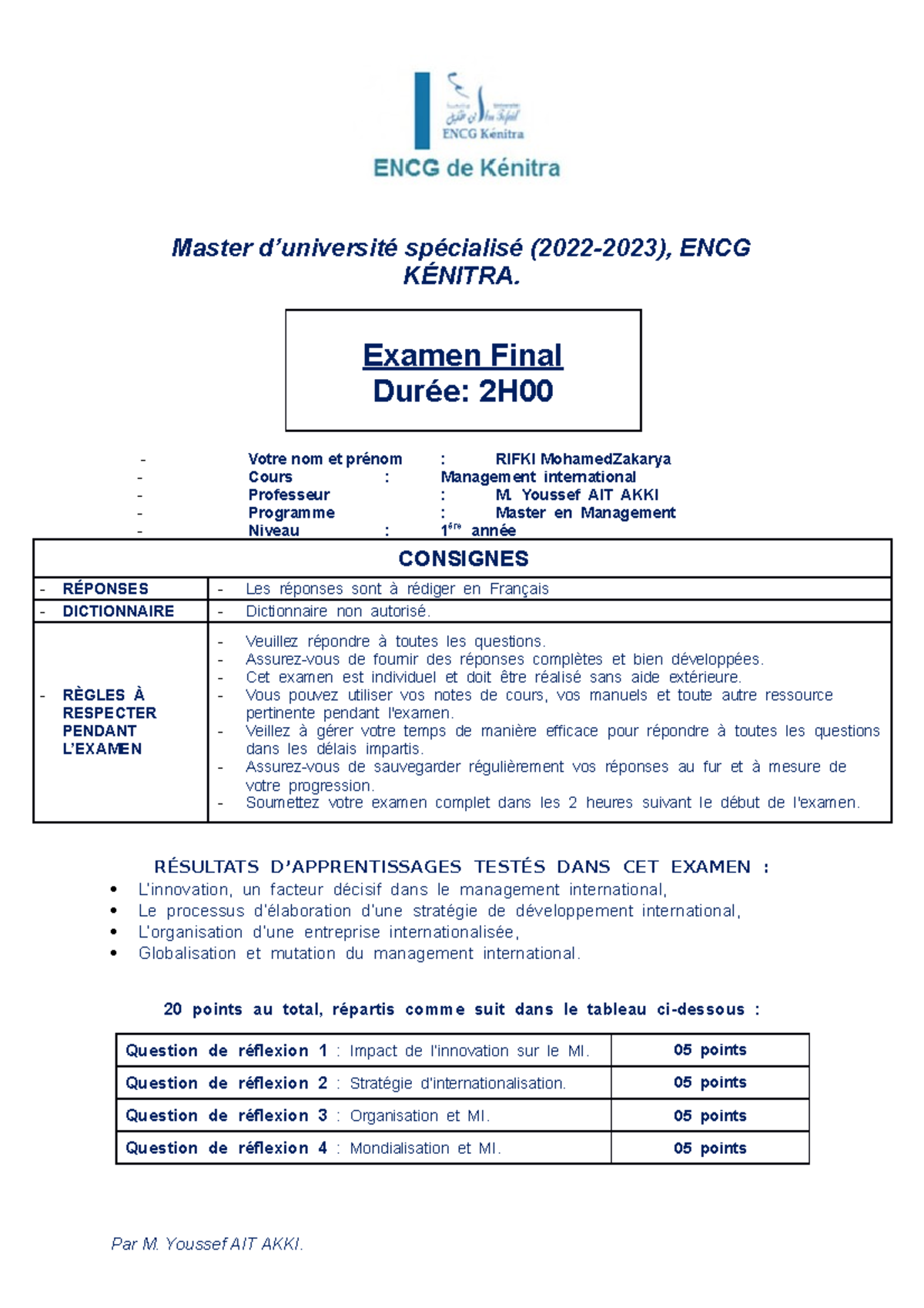 Exam Management International Par Pr. Youssef AIT AKKI realise par Rifki medzakarya - Master ...