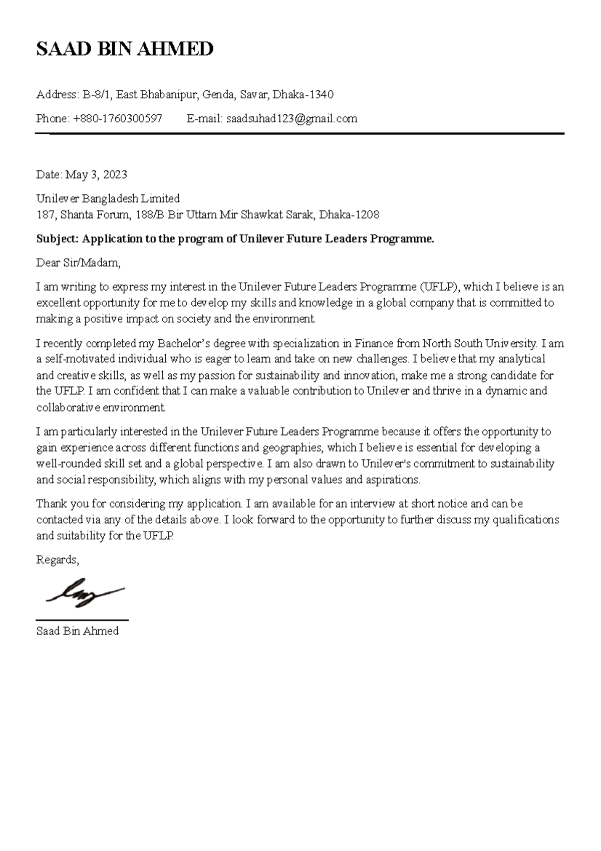 Cover Letter (UFLP) - Assessment - SAAD BIN AHMED Address: B-8/1, East Bhabanipur, Genda, Savar ...