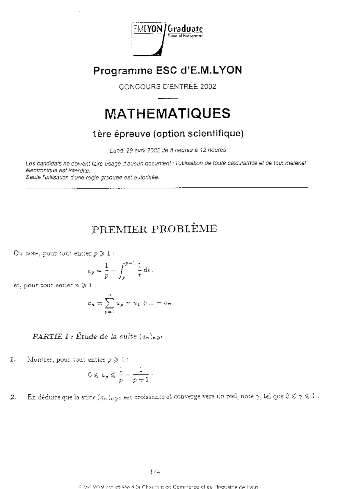 Sujet Maths S emlyon 2002 - Programme ESC d’E.M CONCOURS D’ENTRÉE 2002 MATIQUES 1 ère épreuve ...