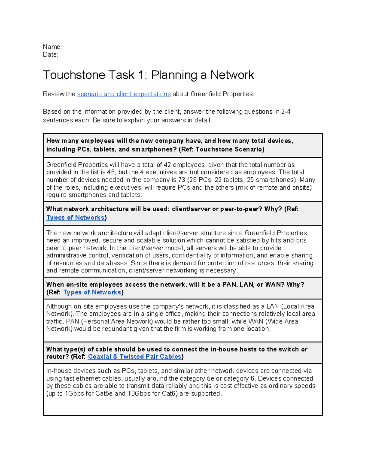 Touchstone Task 1 Planning a Network Infrastructure Questions - Name: Date: Touchstone Task 1 ...