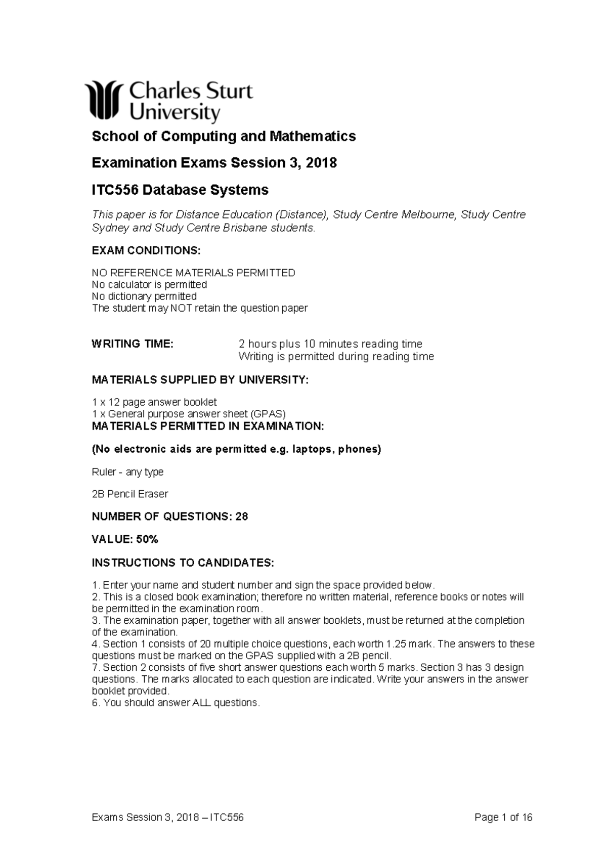 ITC556-Database Systems- Samplexam 2018 90 -with-Solution - School of Computing and Mathematics ...