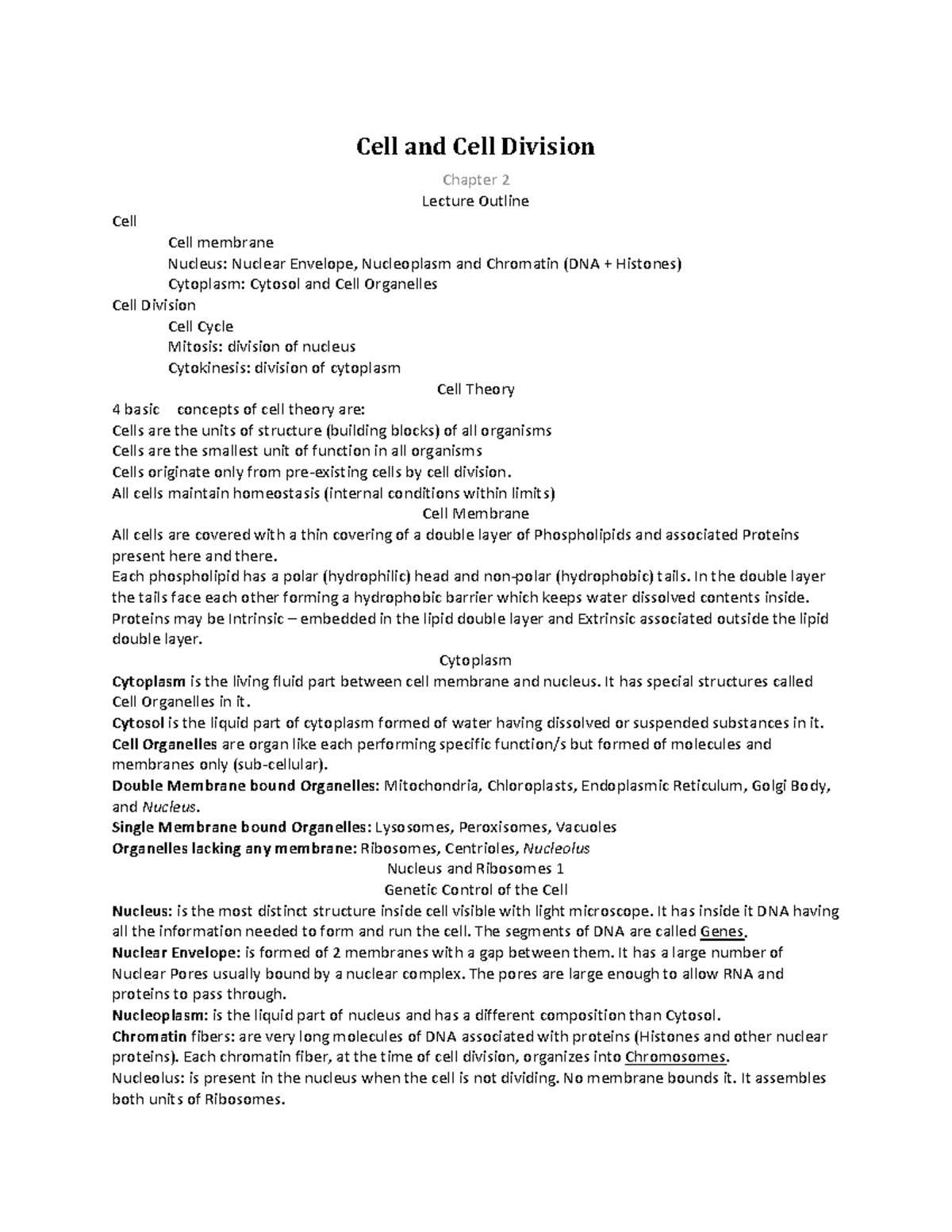 Cell and Cell Division - Lecture notes 1 - Cell and Cell Division ...