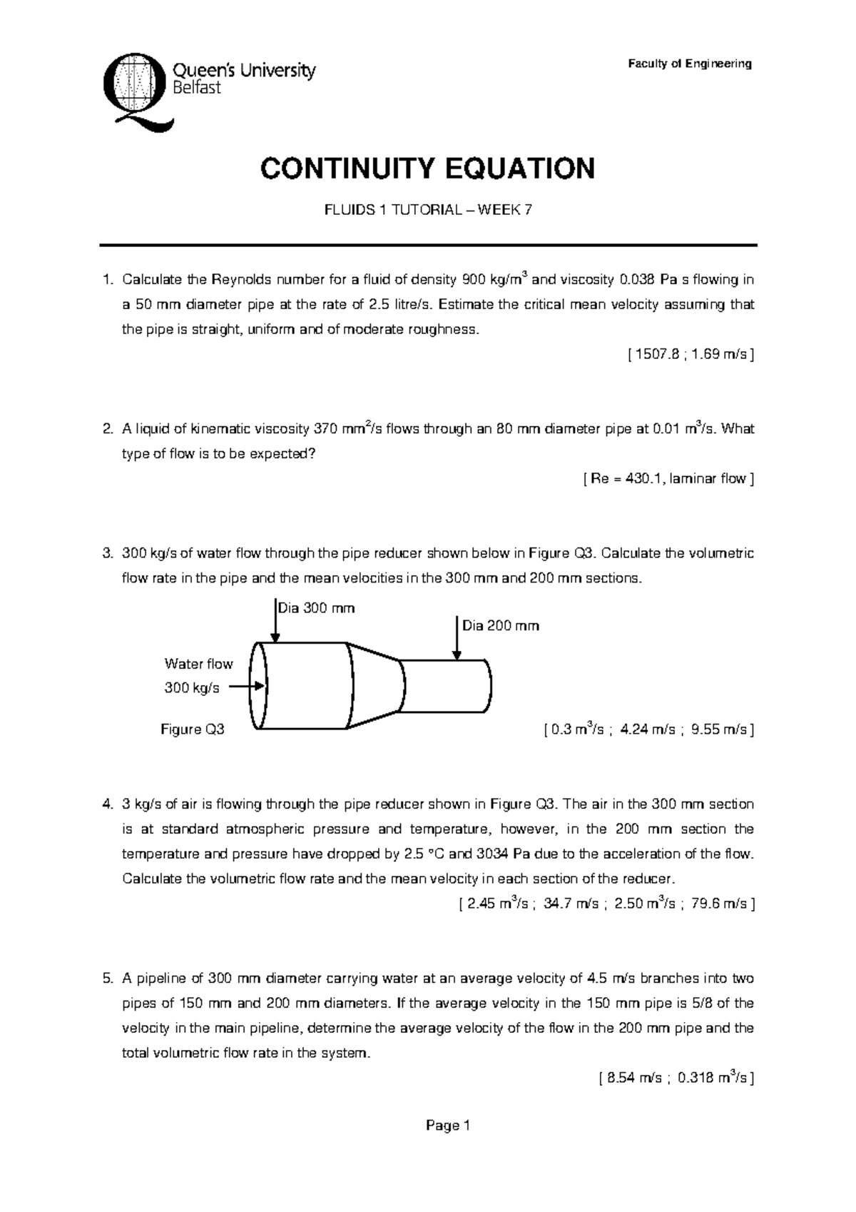 Tutorial Questions - Week 7 - Continuity Eqn - Page 1 CONTINUITY ...
