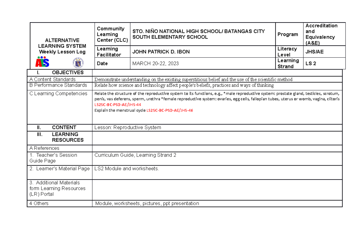Reproductive System WLL - ALTERNATIVE LEARNING SYSTEM Weekly Lesson Log ...