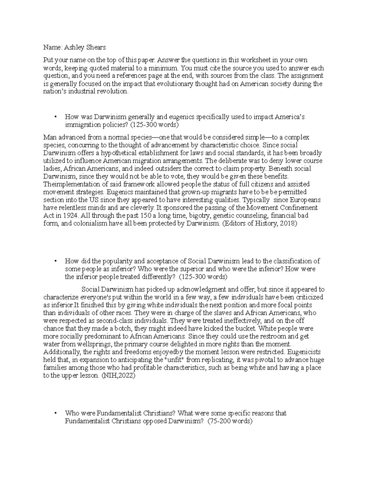 HIS-144-RS-Darwinism and American Society Worksheet - Name: Ashley ...