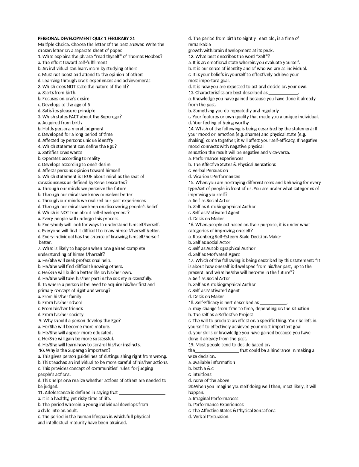 QUIZ 1 Personal Development QUIZ 1 Feburary 21 - PERSONAL DEVELOPMENT ...
