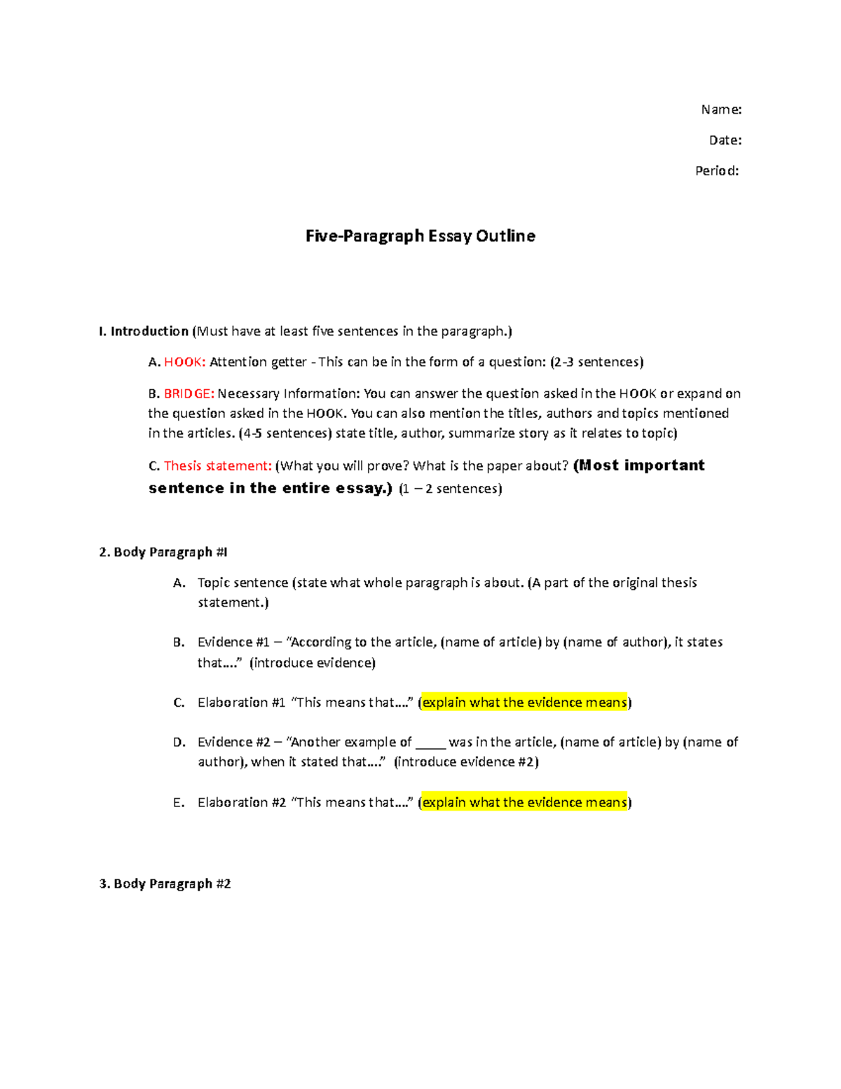 5 Paragraph Essay Outline - Name: Date: Period: Five-Paragraph Essay ...