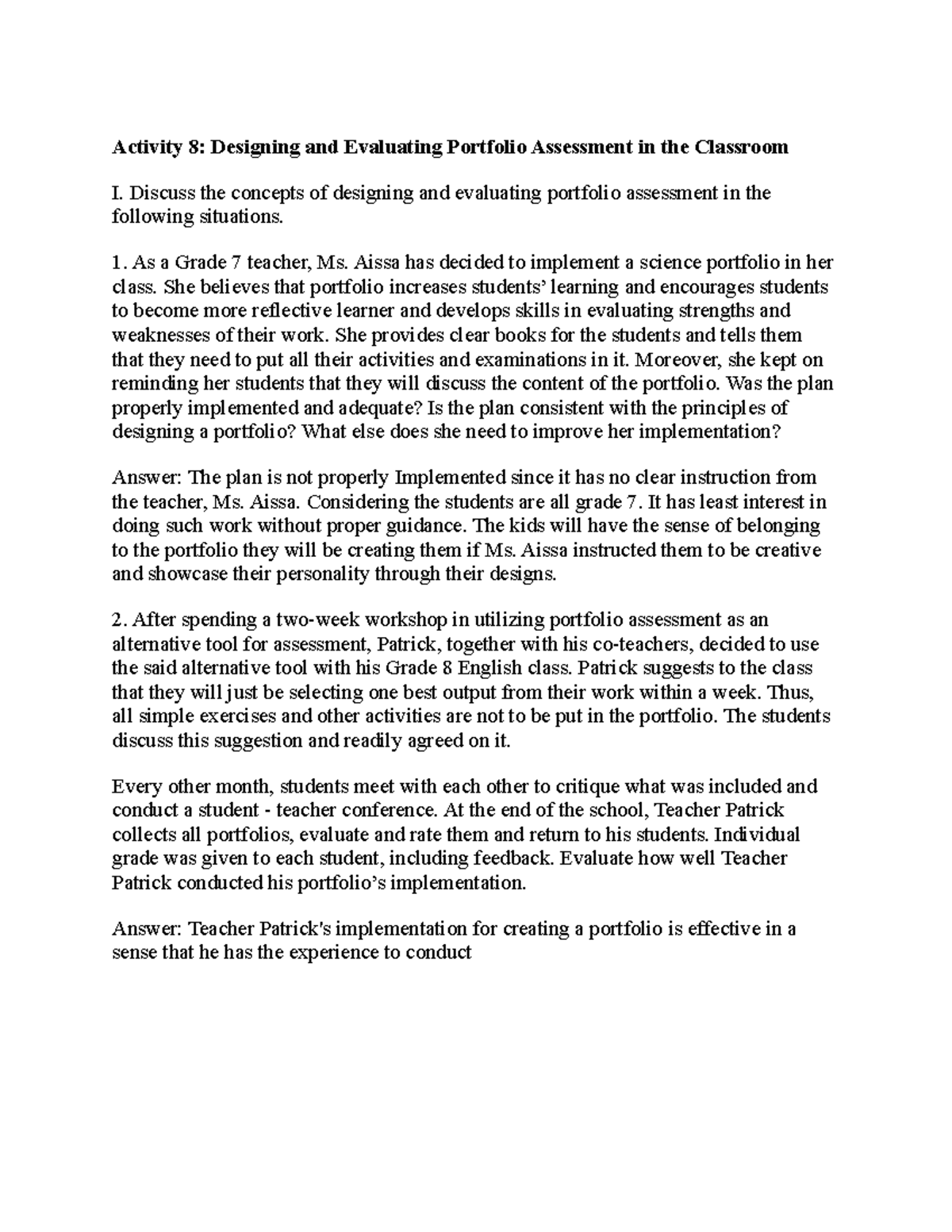 Activity 8 - REFERENCE - Activity 8: Designing and Evaluating Portfolio ...