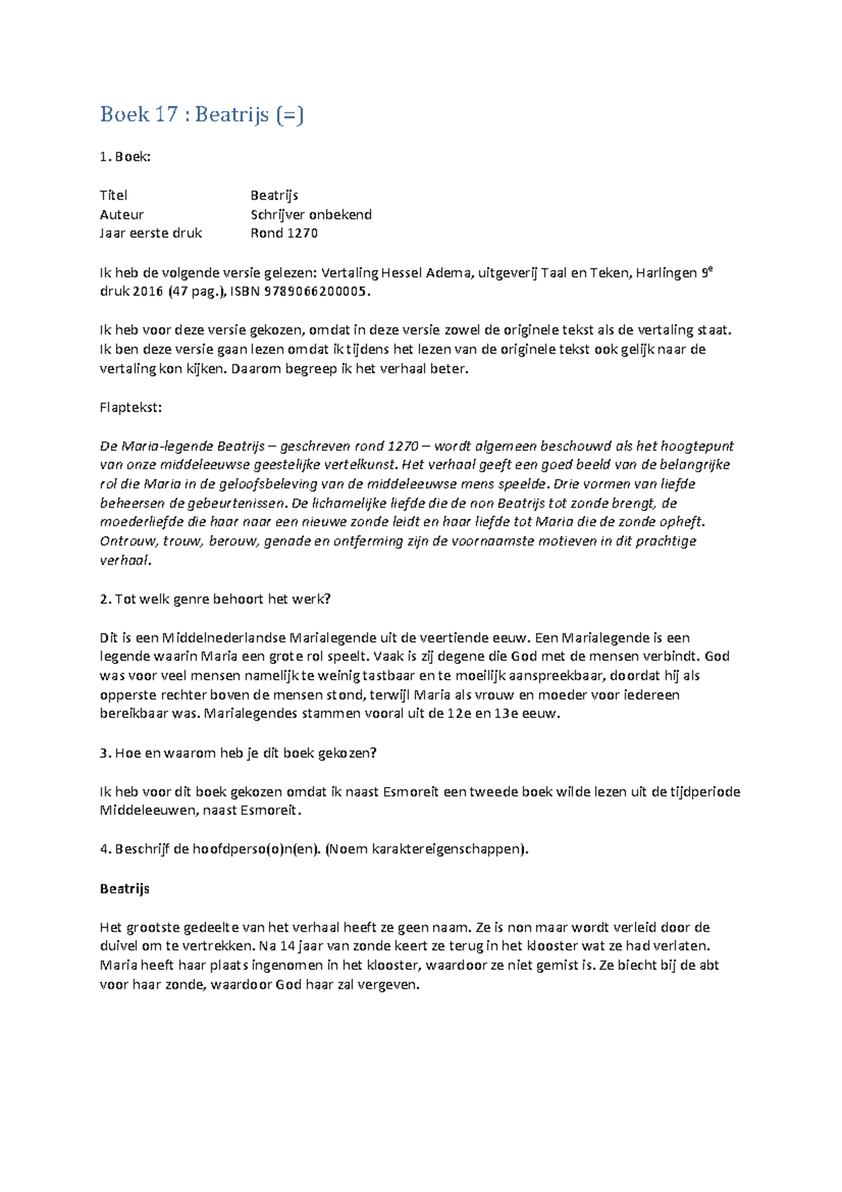 Boekverslag Beatrijs - Middeleeuwen - Nederlands - Boek 17 : Beatrijs ...